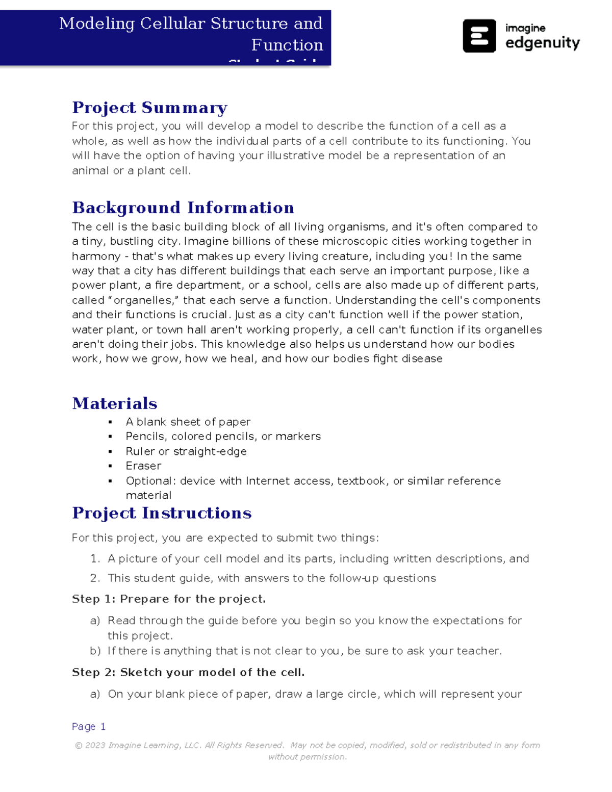Project - Modeling Cellular Structure & Function - Student Guide - Studocu