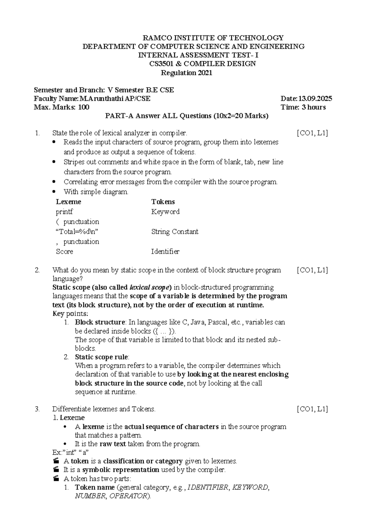 Internal Assessment I (IA1) Evaluation Scheme for CS3501 Compiler ...