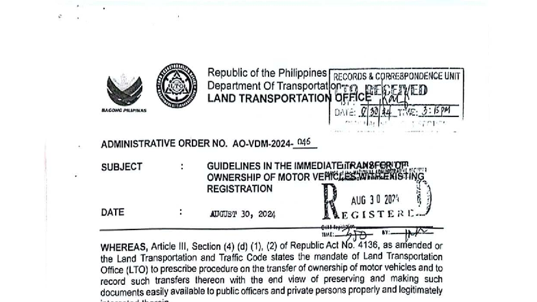 Administrative Order No. 046: Guidelines for Motor Vehicle Ownership ...