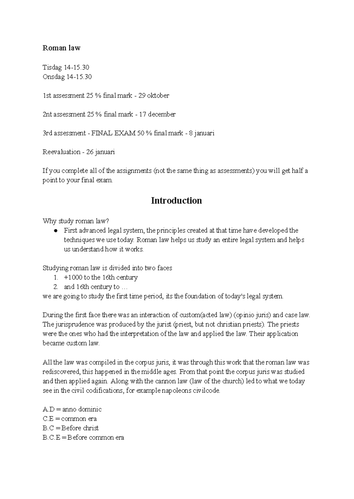 Roman Law: Overview and Key Concepts for Final Exam (Course Code ...