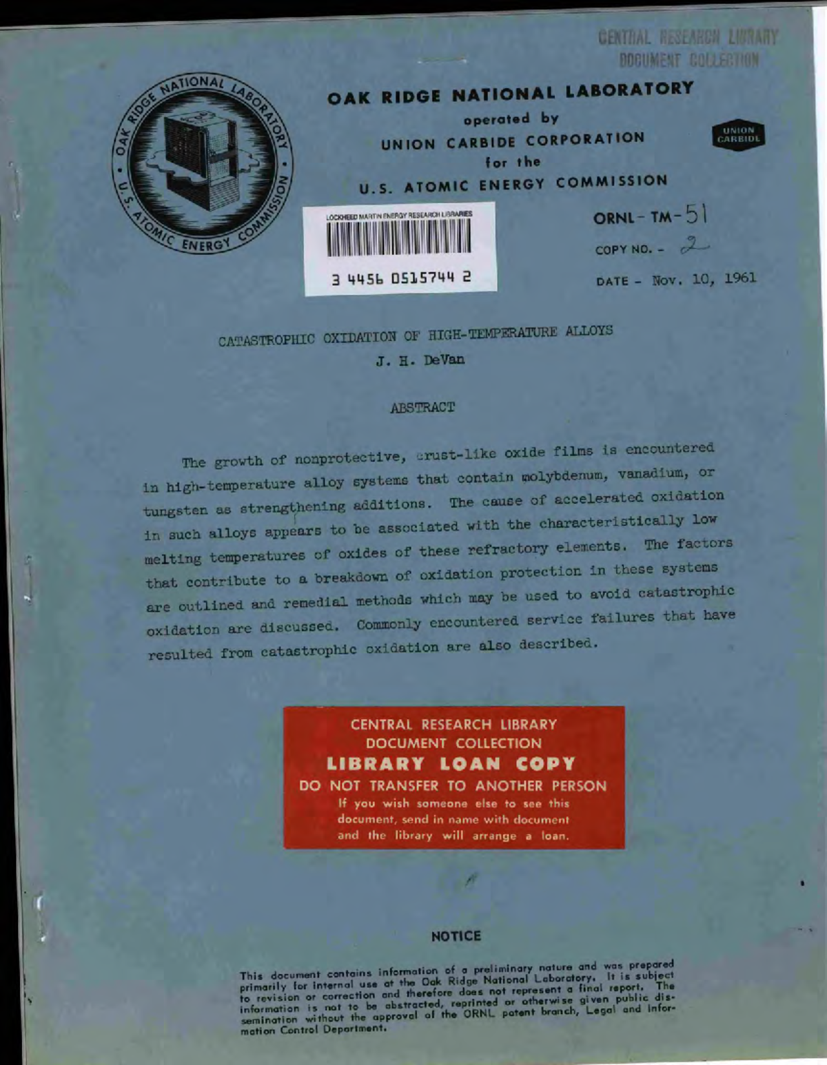Catastrophic Oxidation of High-Temperature Alloys: ORNL Report - Studocu