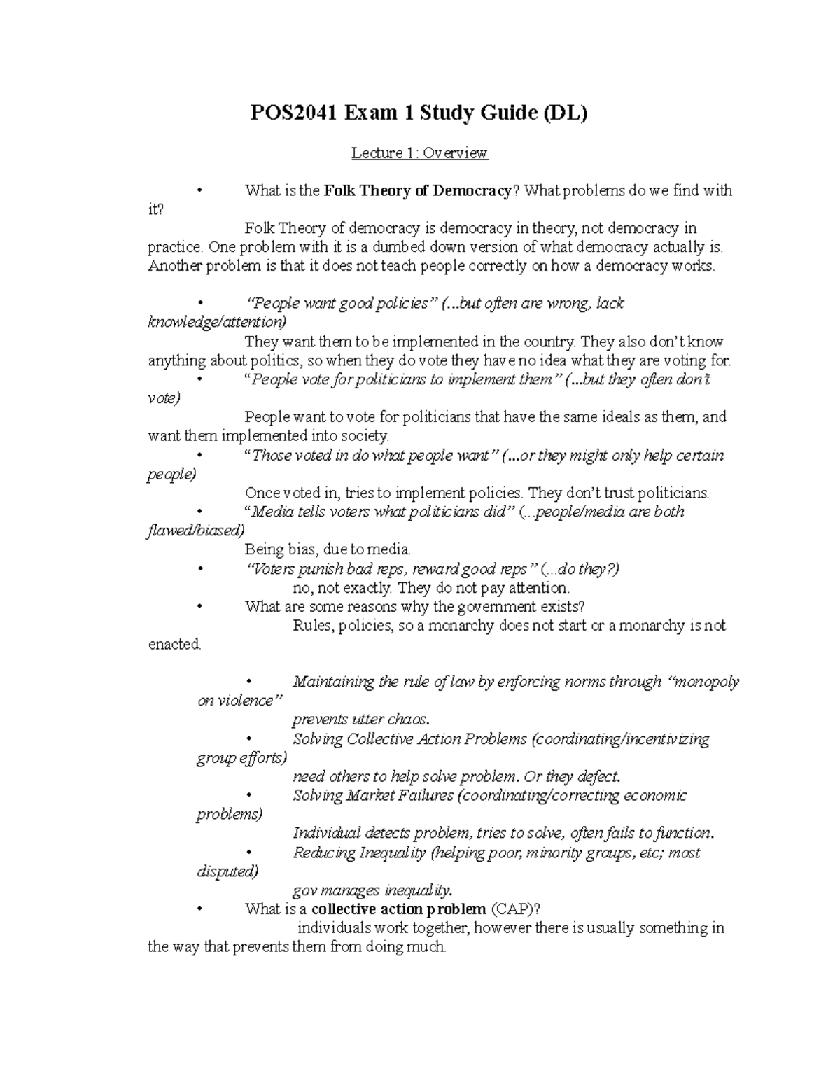 POS2041 Exam 1 Study Guide: Key Concepts in Democracy and Legislation ...