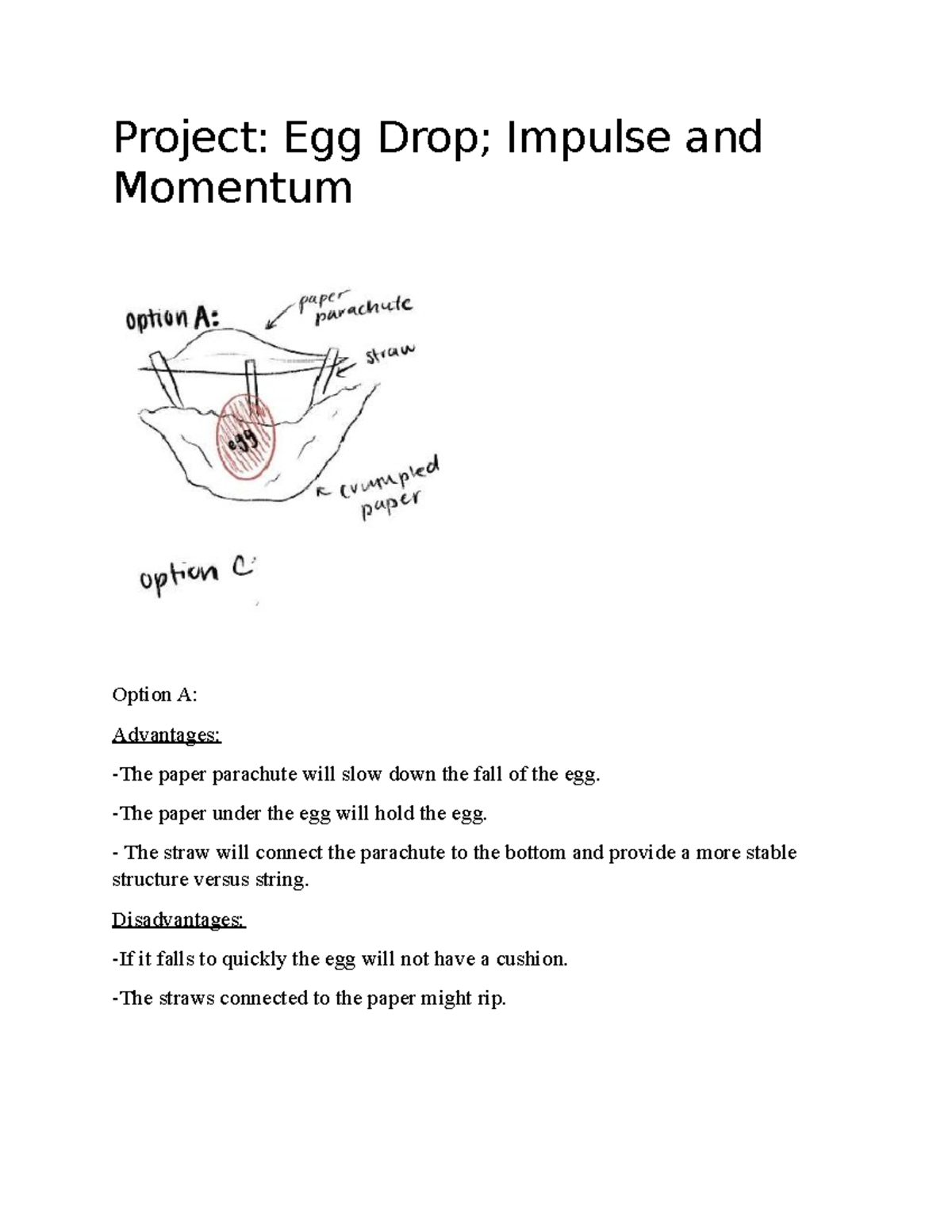 Egg Drop Project - Project: Egg Drop; Impulse and Momentum Option A ...