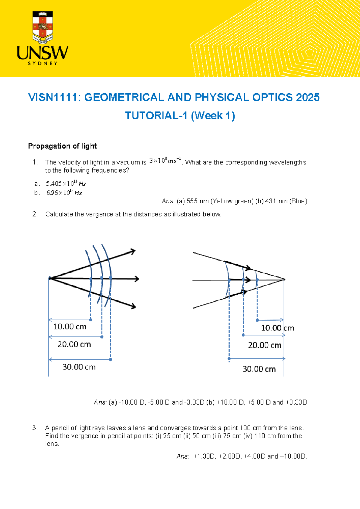 GEOMETRICAL & PHYSICAL OPTICS VISN1111 Tutorial 1 Problems 2025 - Studocu