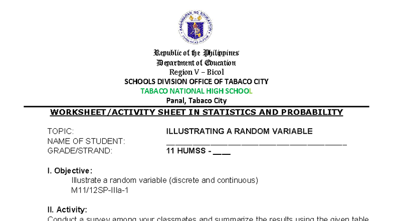 Activity Sheet: Illustrating a Random Variable in Statistics ...