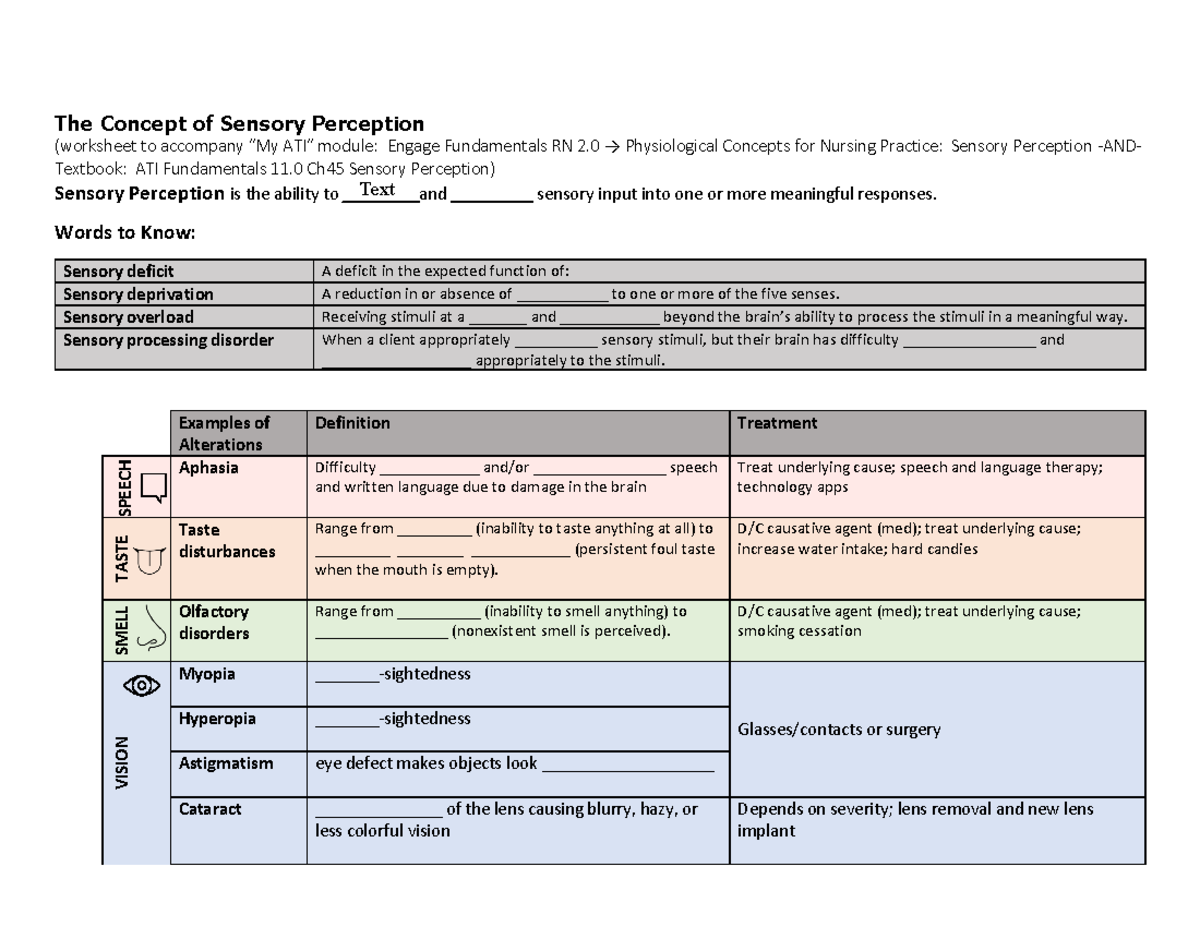 Concept of Sensory Perception Worksheet - Words to Know: Sensory ...