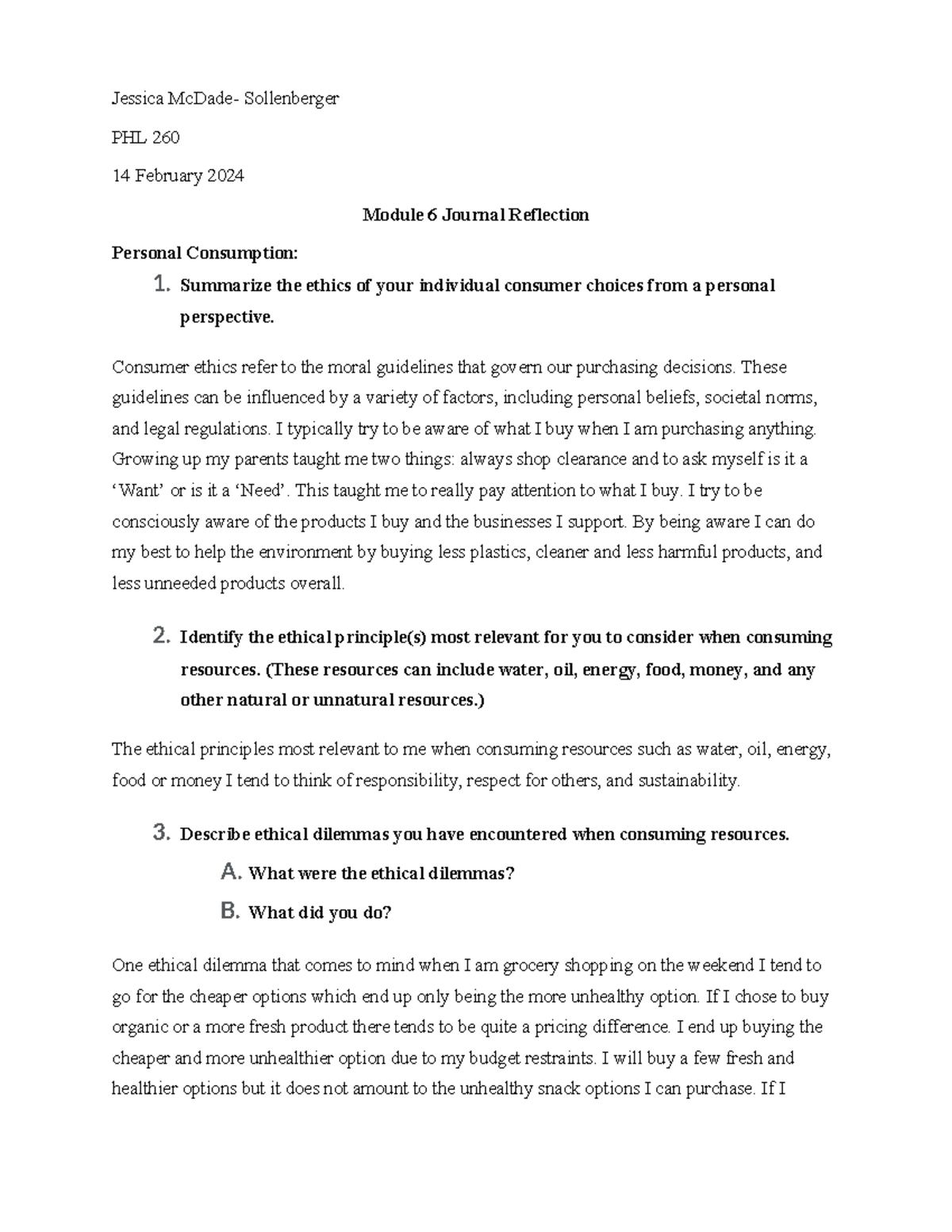 PHL 260 Module 6 Journal Reflection on Consumer Ethics - Studocu