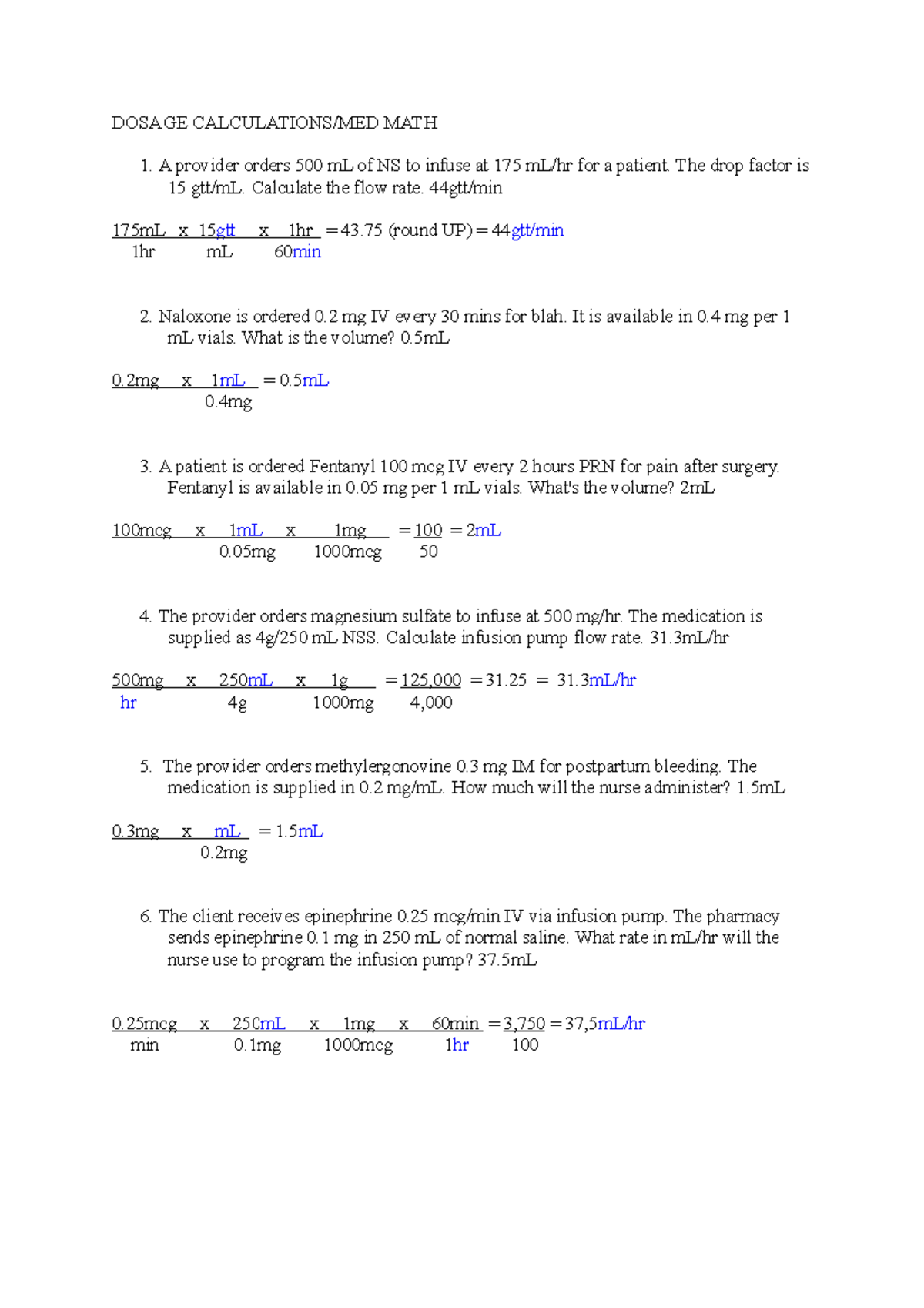 Dosage Calculations 1 Answer KEY for Med Math Course - Studocu