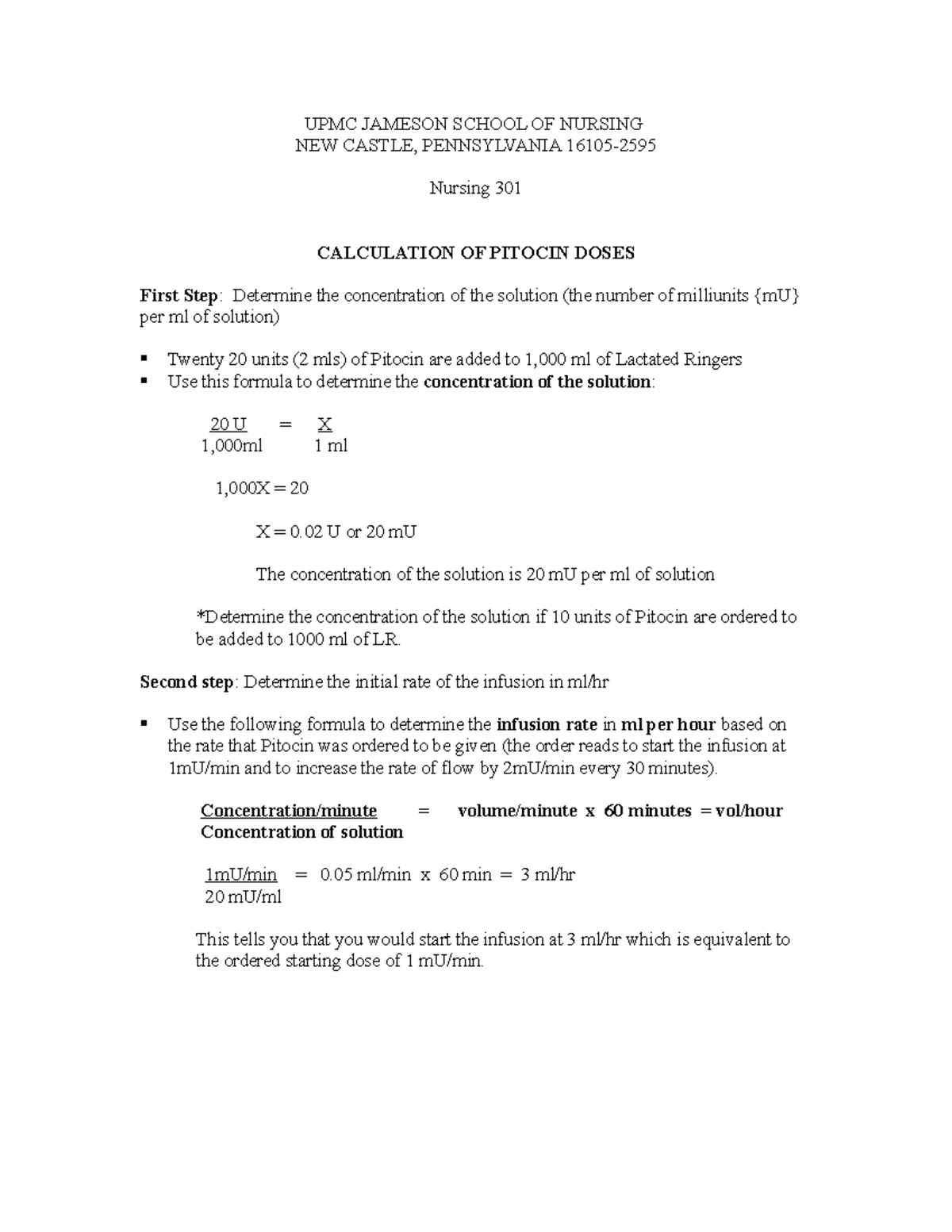 Nursing 301: Calculation of Pitocin Doses for Infusion Management - Studocu