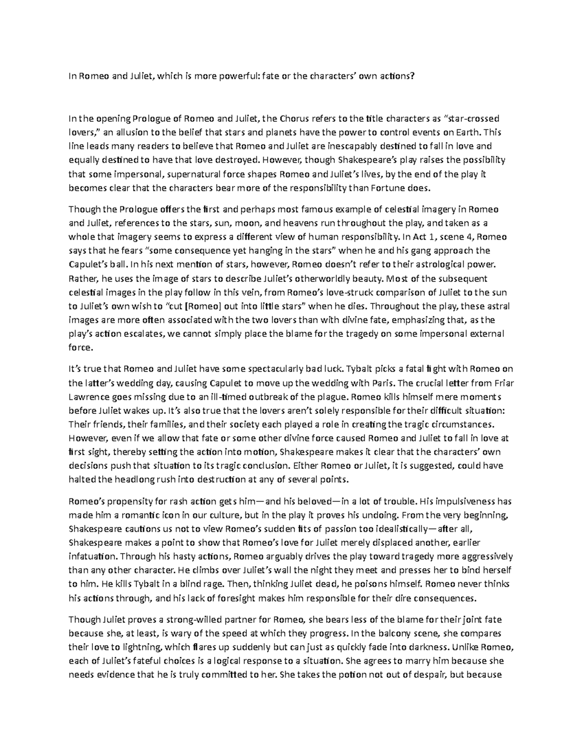 Analyzing Fate and Responsibility in Romeo and Juliet - Essay Notes ...