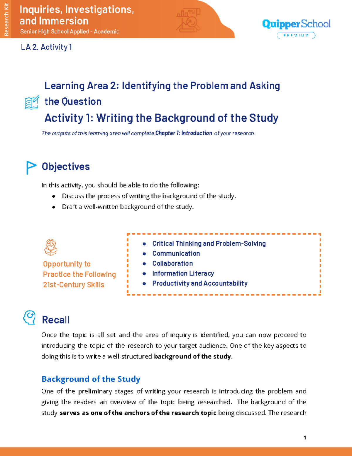 LA 2. Activity 1: Writing the Background of the Study - Studocu