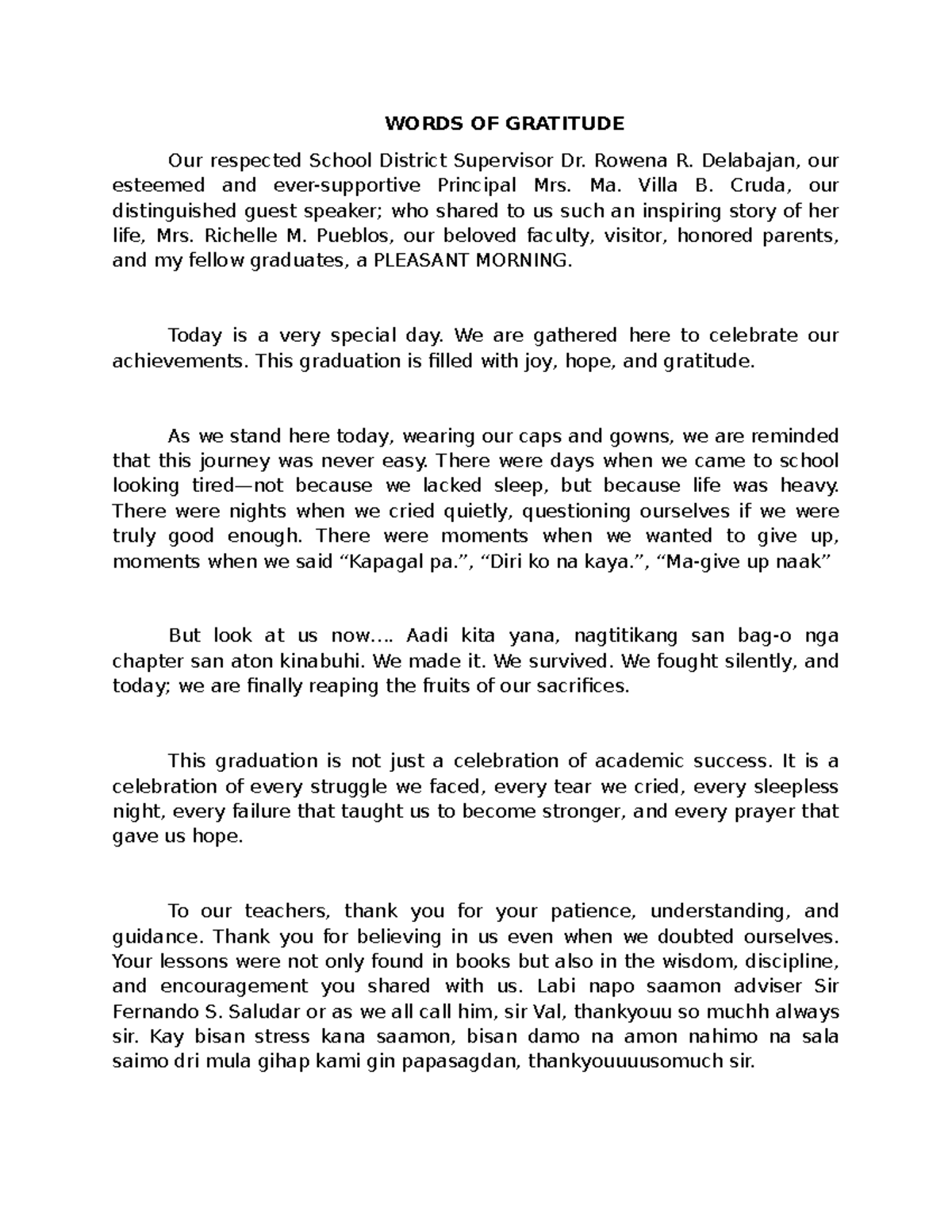 Graduation Speech: Words of Gratitude and Reflection - Studocu