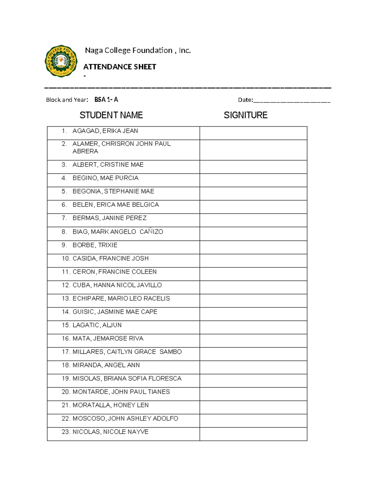 Attendance sheet BSA - Naga College Foundation , Inc. ATTENDANCE SHEET - - Studocu