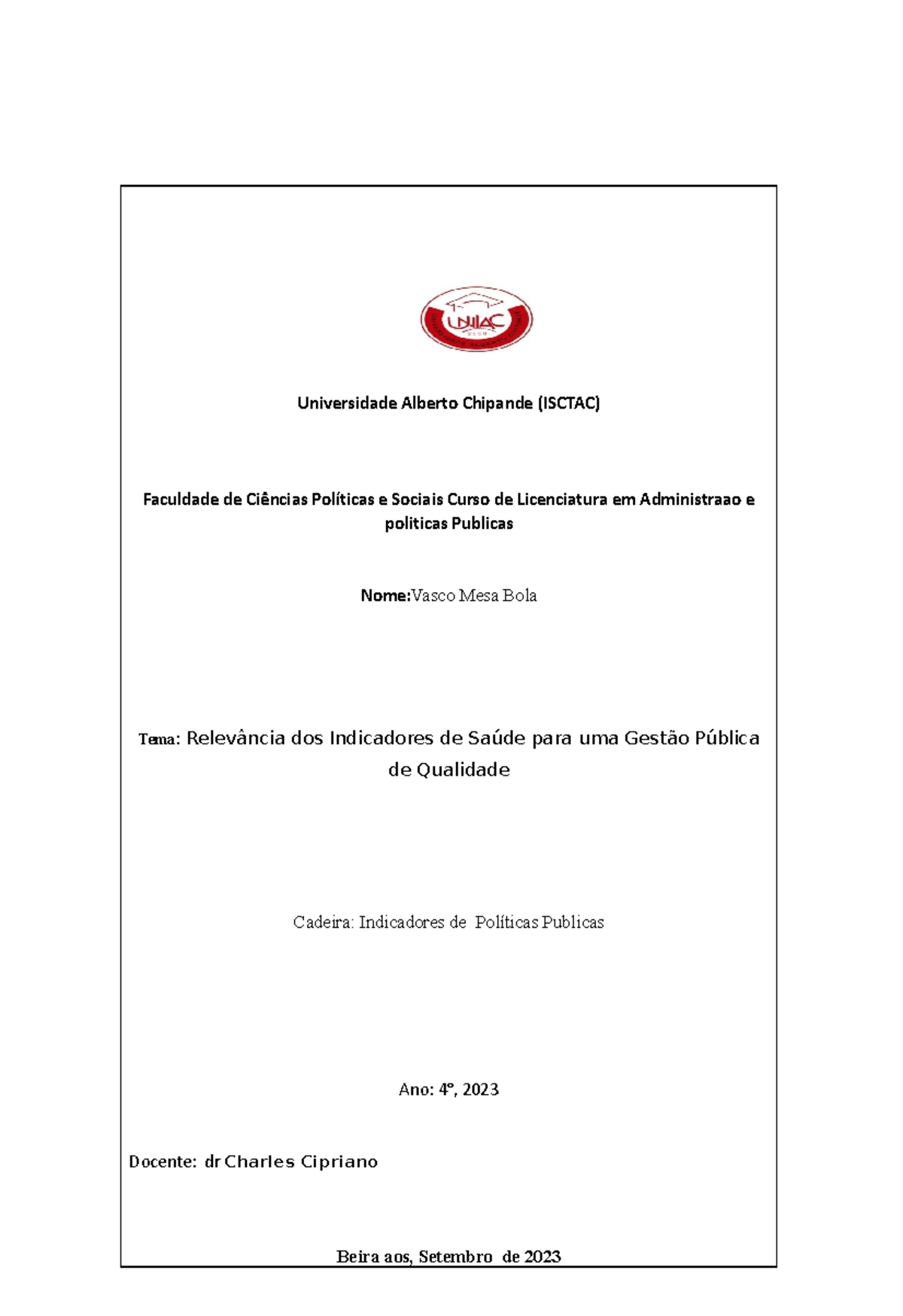 Indicadores de Saúde para Gestão Pública - Curso: Licenciatura em ...