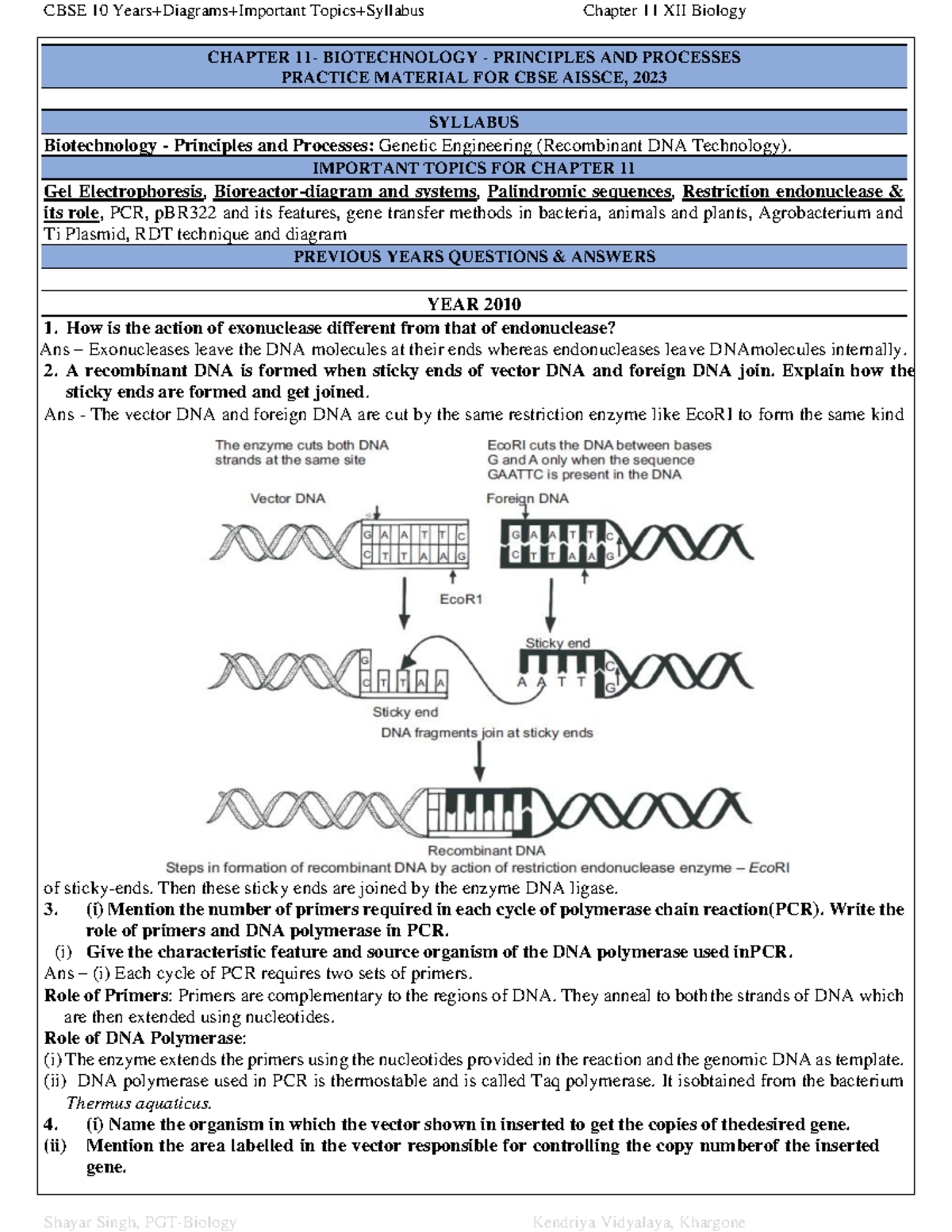 CBSE 10 Biology XII Chapter 11 Biotechnology Principles & Processes PYQ - Studocu