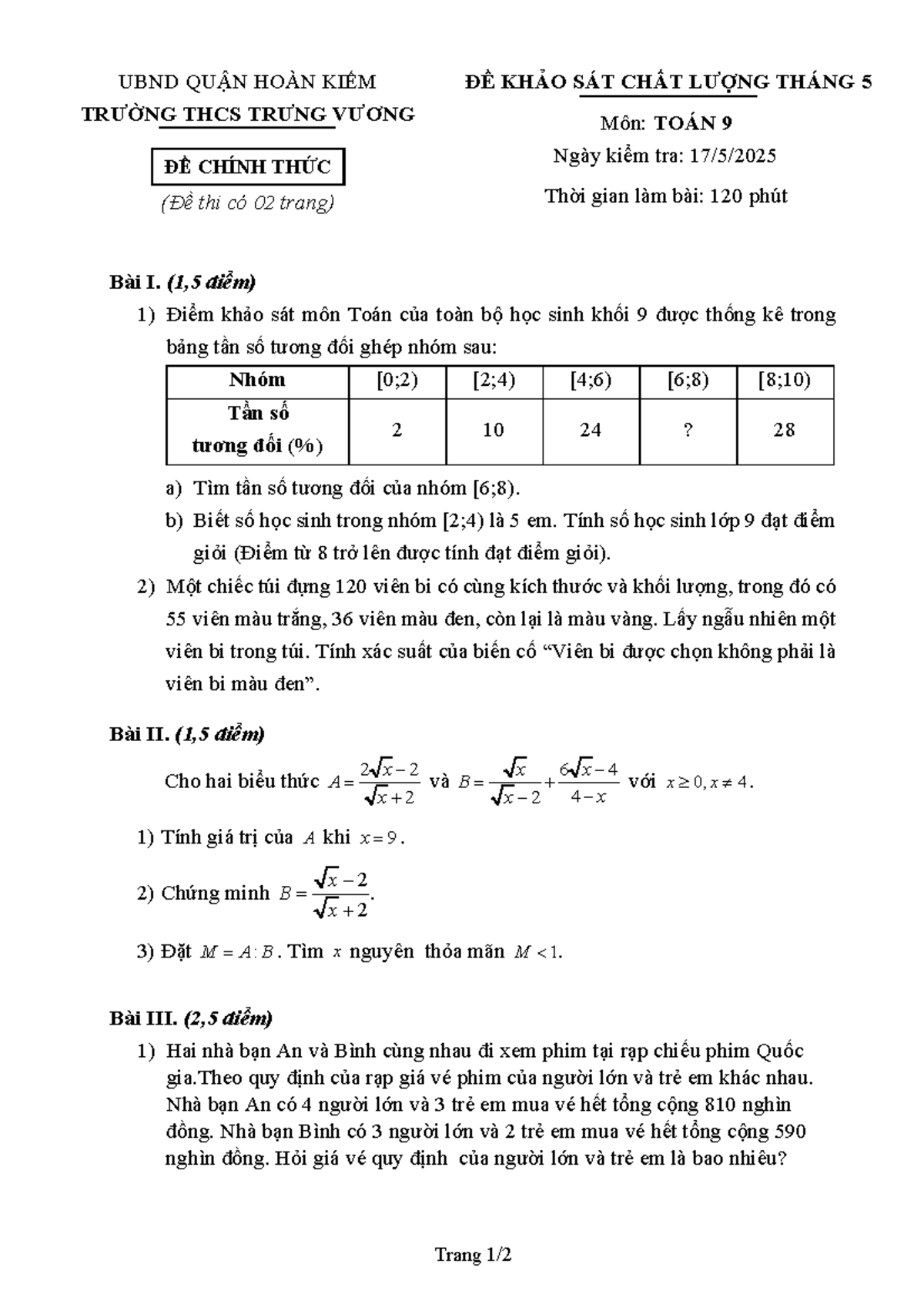 Đề Khảo Sát Chất Lượng Toán 9 Tháng 5 Năm 2025 - Trường THCS Trưng ...