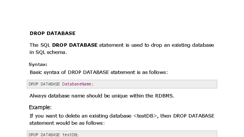 Short Notes on SQL Basics: DROP, USE, ALTER, and DELETE Commands - Studocu