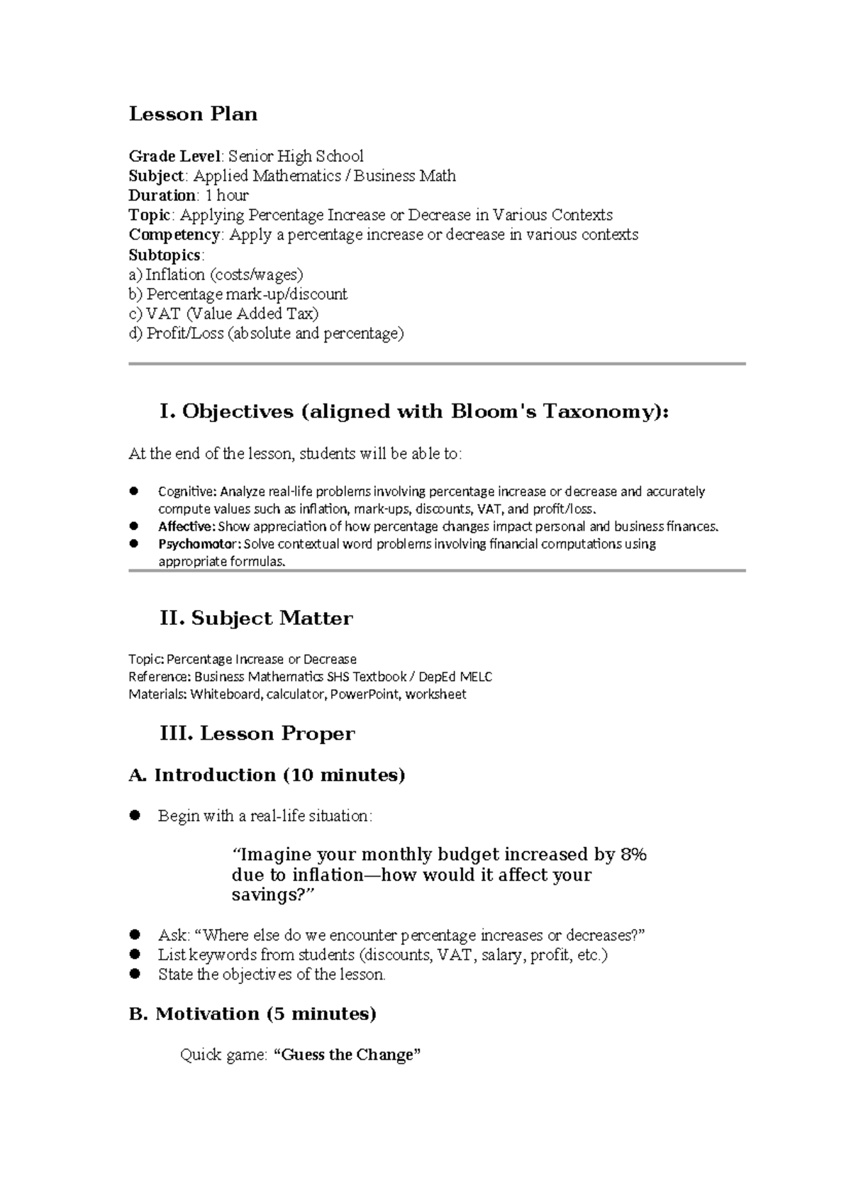 Lesson Plan: Applied Mathematics Business Math - Percentage Changes ...