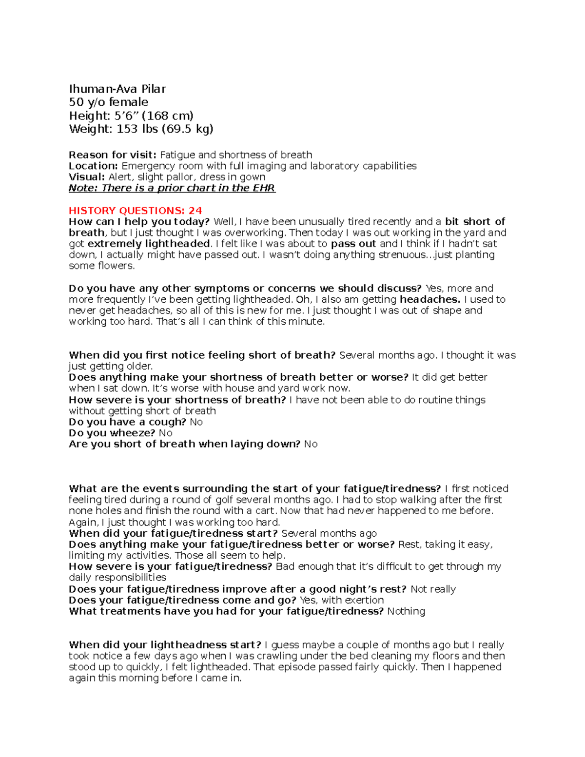 iHuman Case Study: HX & PE Notes for Ava Pilar (50 y/o Female) - Studocu