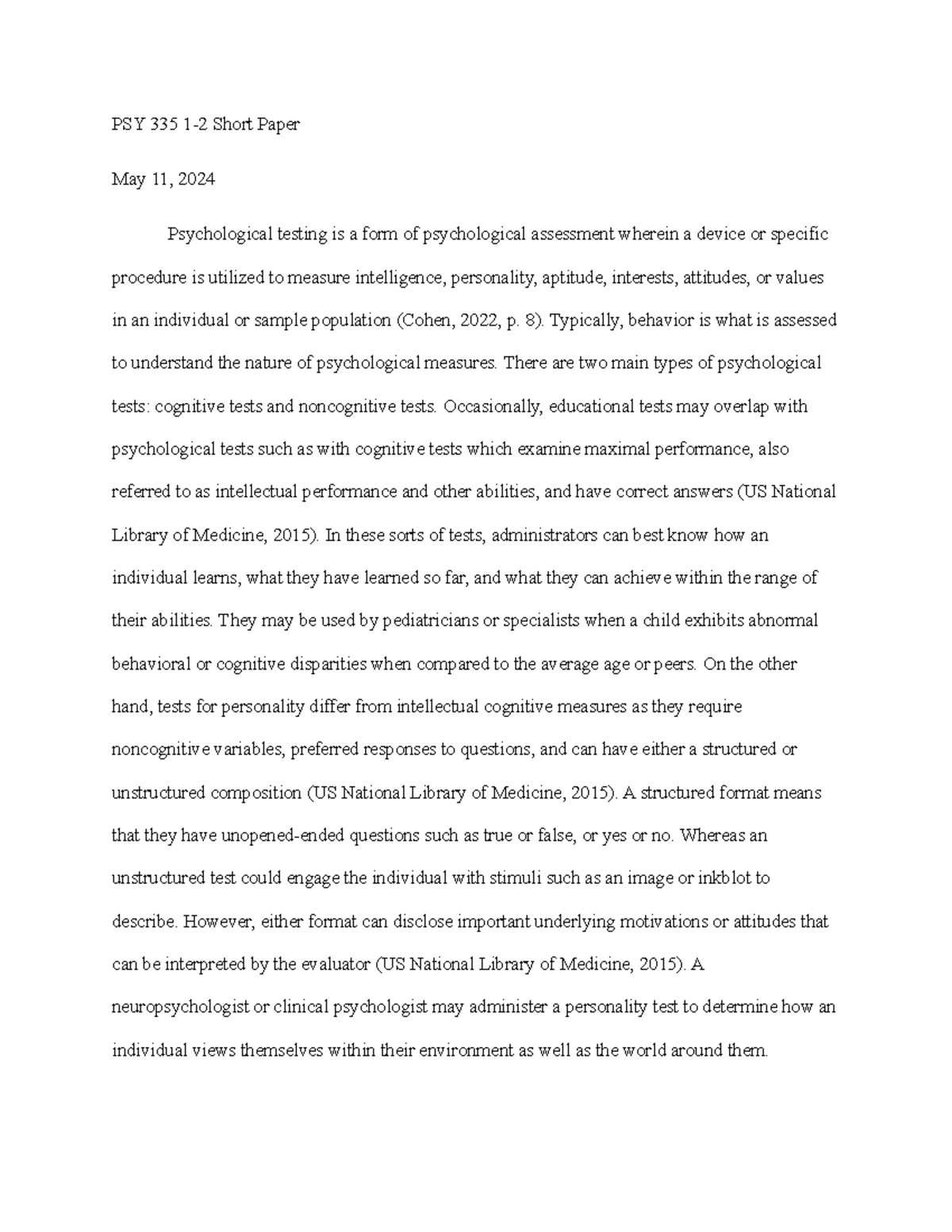 PSY 335 Short Paper: Exploring Psychological Testing Principles and ...