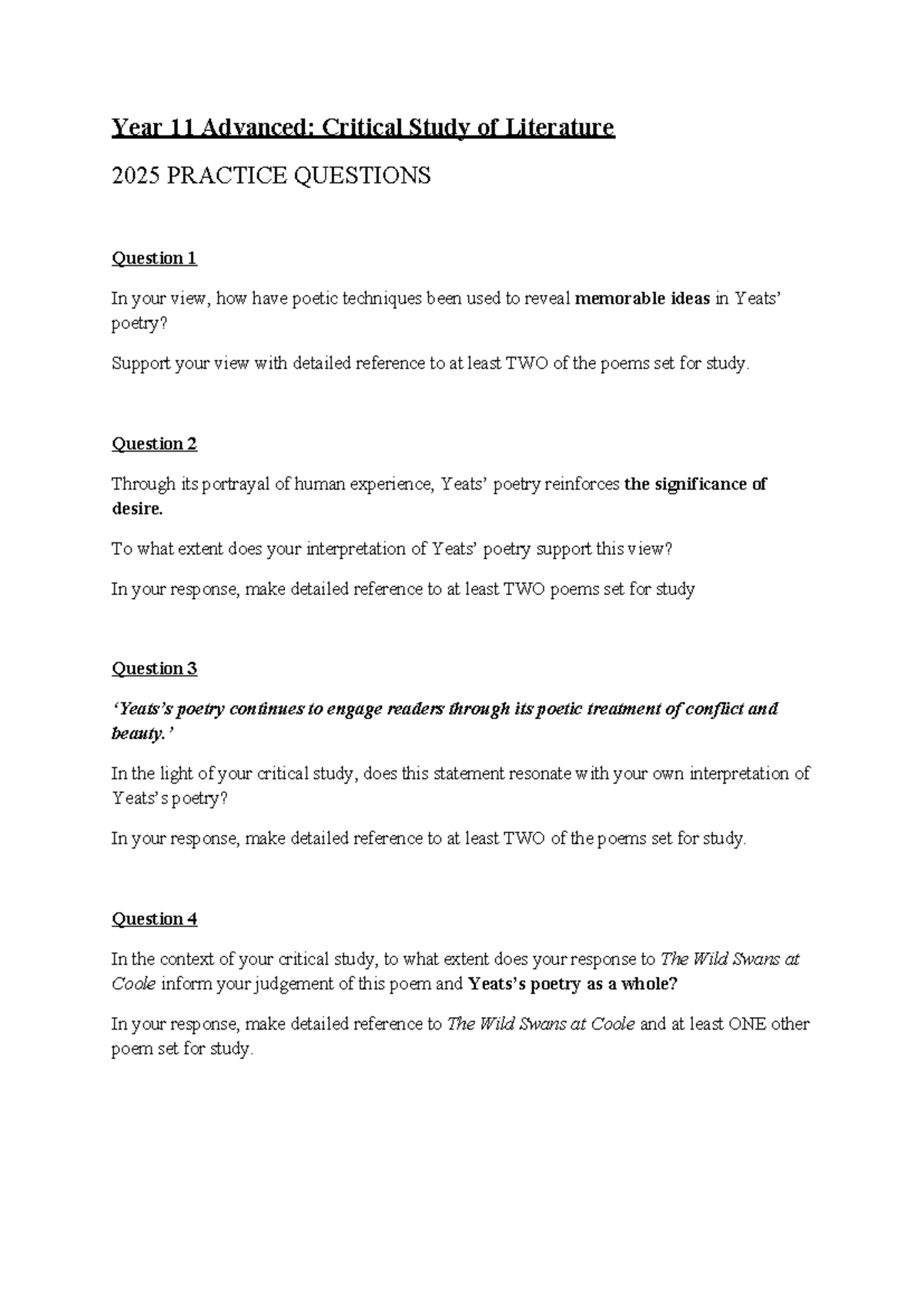 Year 11 Advanced: 2025 Critical Study of Literature Practice Questions ...