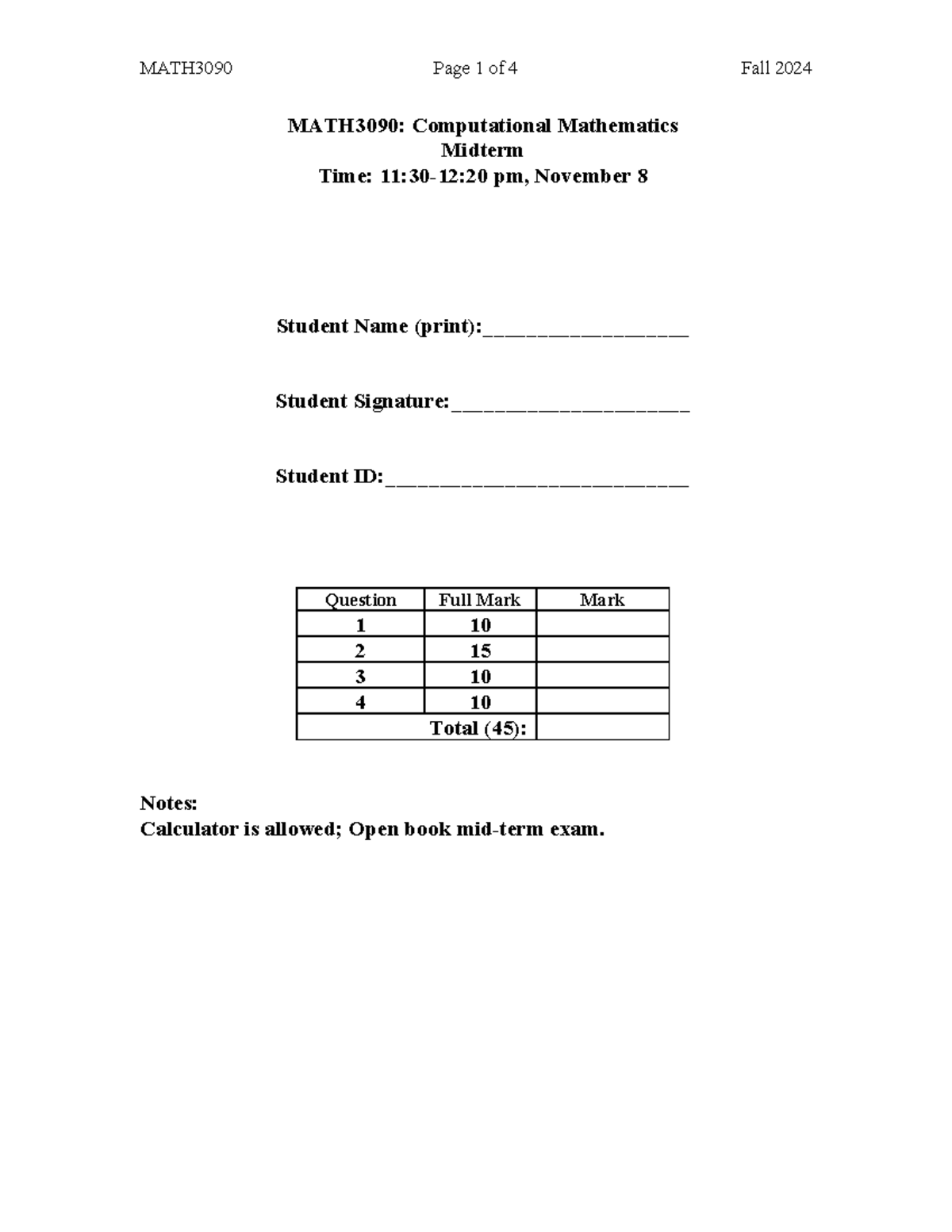 MATH3090 Fall 2024: Computational Mathematics Midterm Questions - Studocu