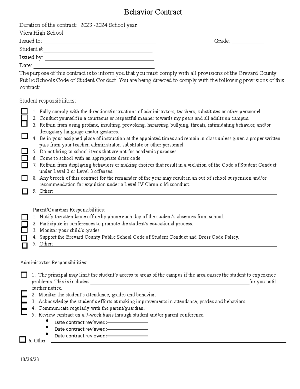 Behavior Contract for Viera High School (2023-2024 School Year) - Studocu