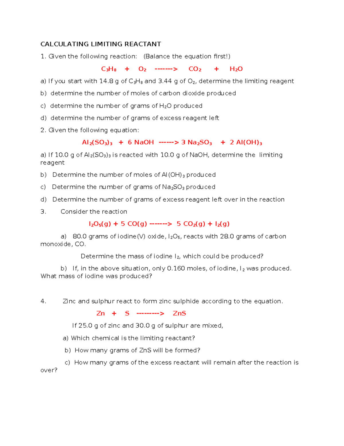 Calculating Limiting Reactant Exercises (Chem 101) - Studocu