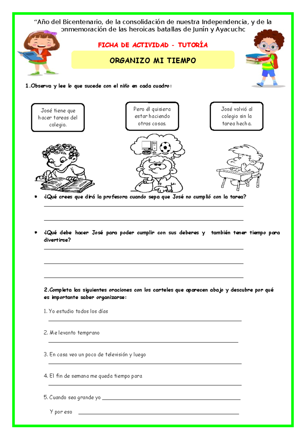 Ficha de Actividad - Tutoría: Organizo Mi Tiempo - José y su Rutina ...