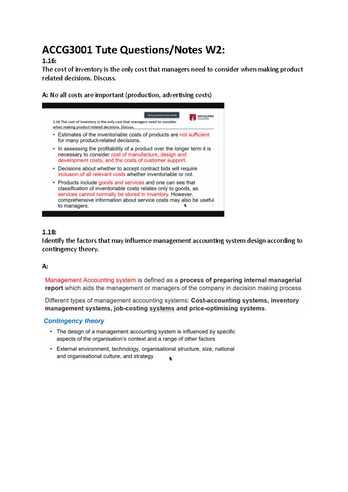 ACCG3001 Tute Questions W2-7 - ACCG3001 Tute Questions/Notes W2: 1: The ...