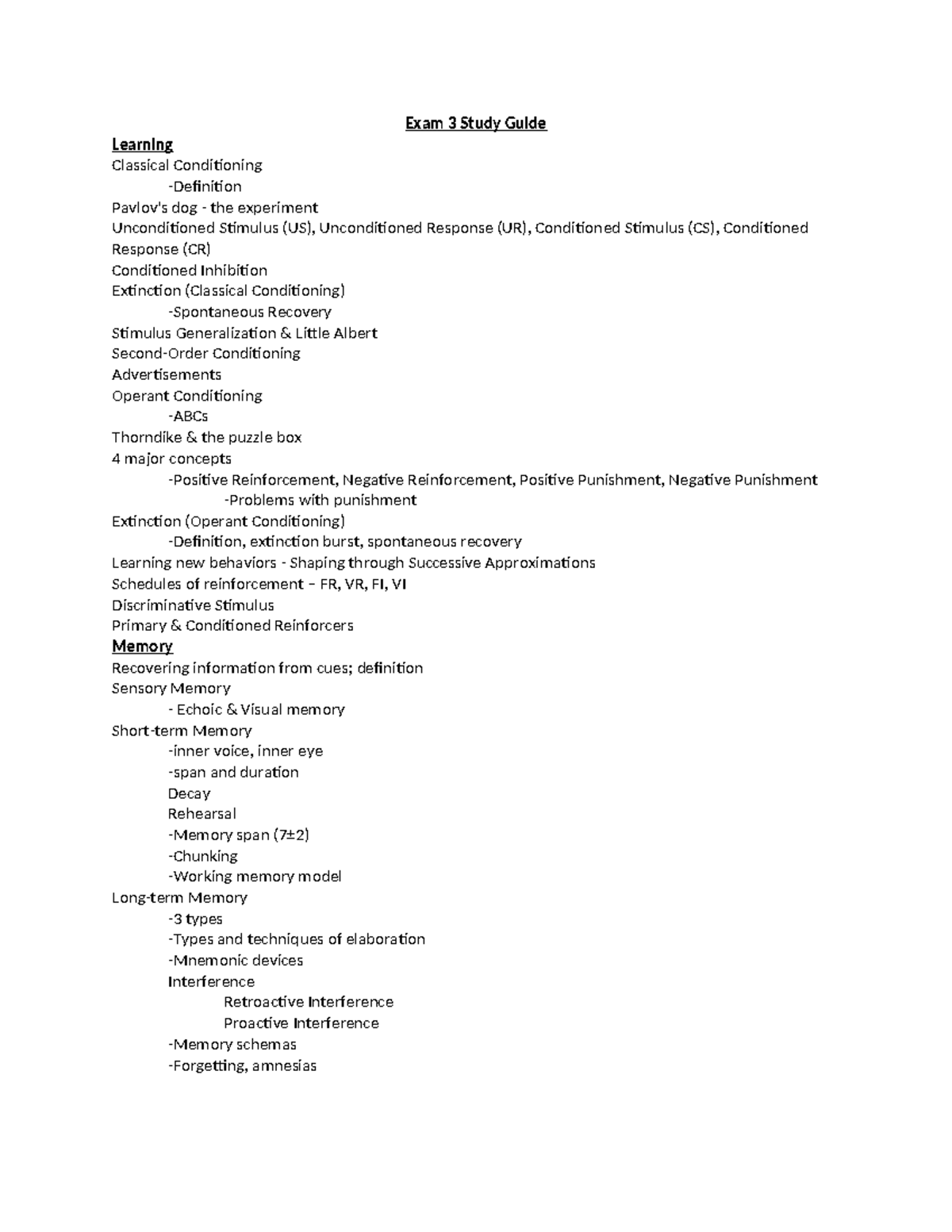 Exam 3 Study Guide: Classical & Operant Conditioning, Memory Concepts - Studocu