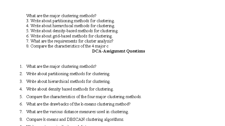 DCA-Assignment: Major Clustering Methods & Techniques Notes - Studocu