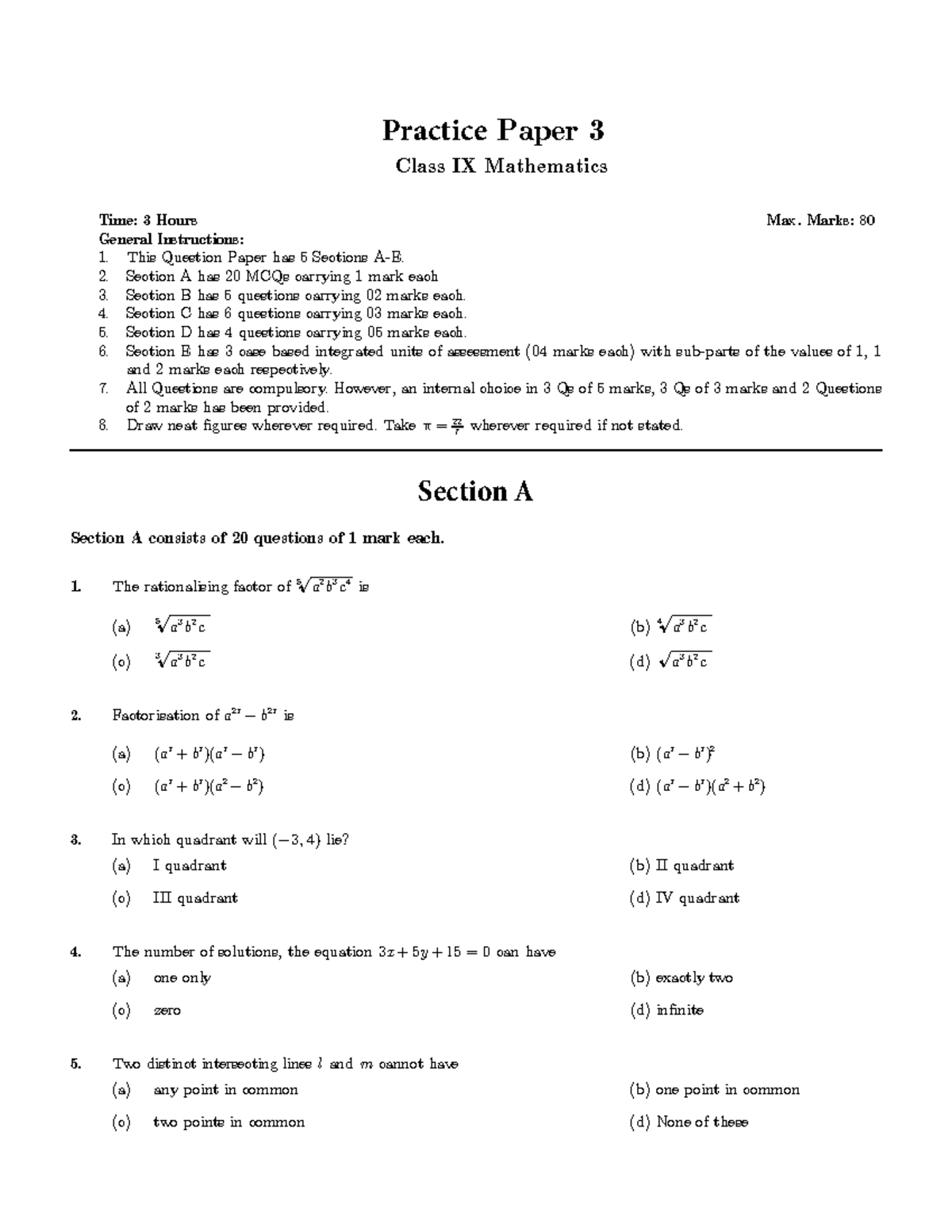 Practice Paper 3: Class IX Mathematics (CBSE) - 80 Marks - Studocu