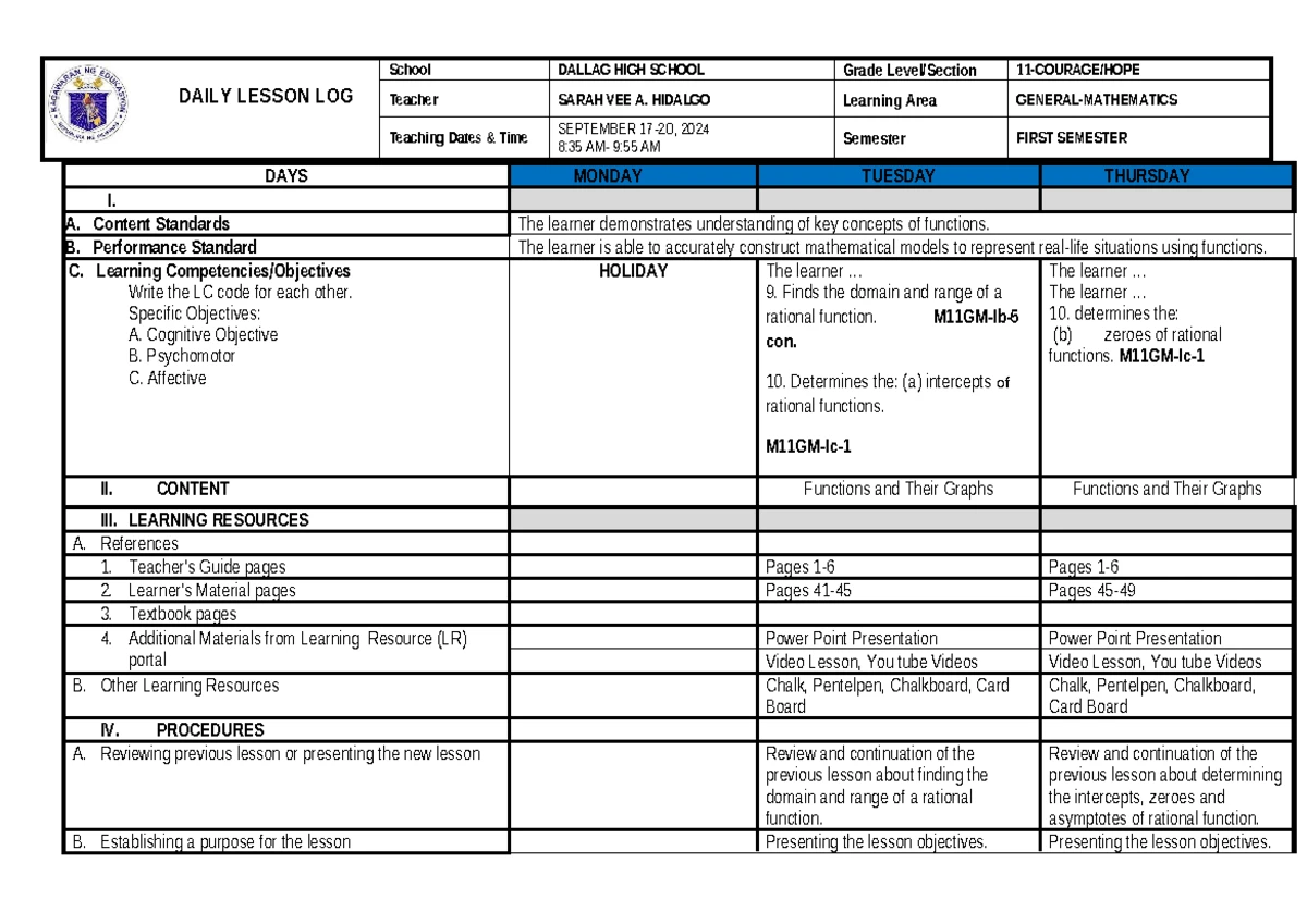 Daily Lesson Log: General Mathematics (1st Sem, Sept 2024) - Studocu