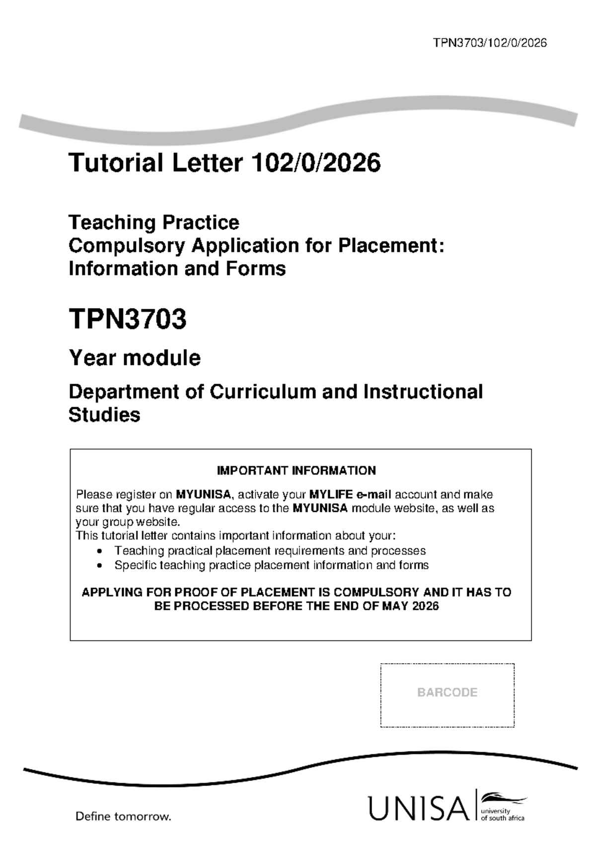 TPN3703 Teaching Practice Placement: Essential Info & Guidelines - Studocu