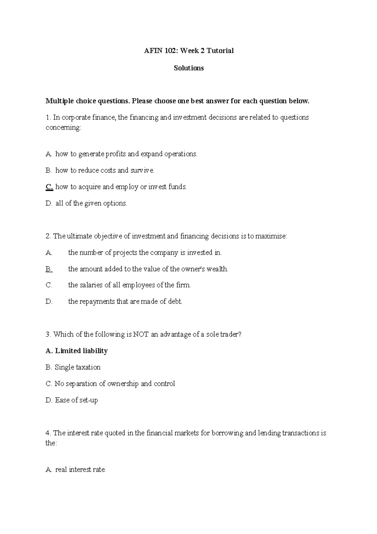 Wk2 tute questions with answers - AFIN 102: Week 2 Tutorial Solutions Multiple choice questions ...