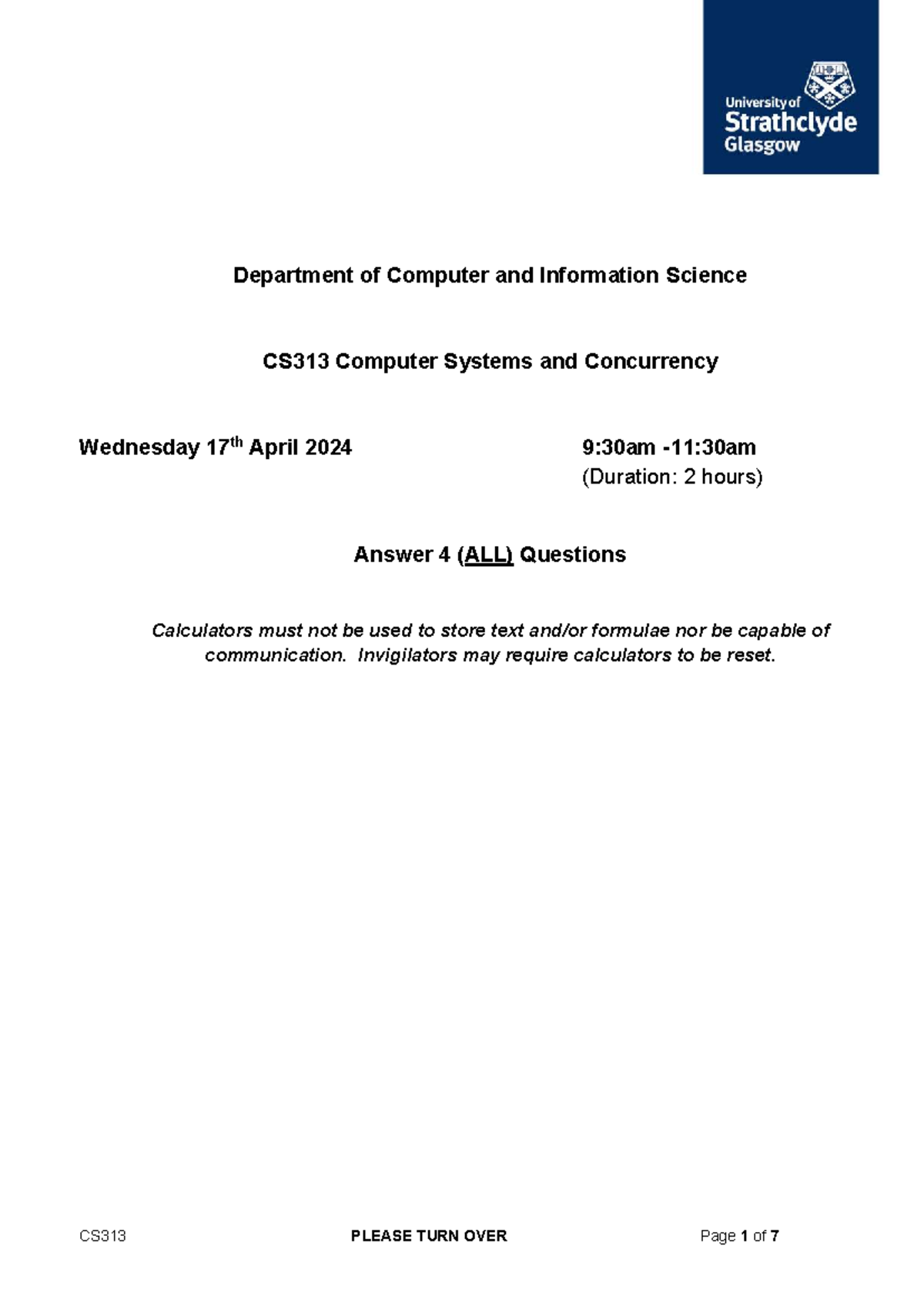 CS313 Final Exam Paper: Computer Systems and Concurrency 2024 - Studocu