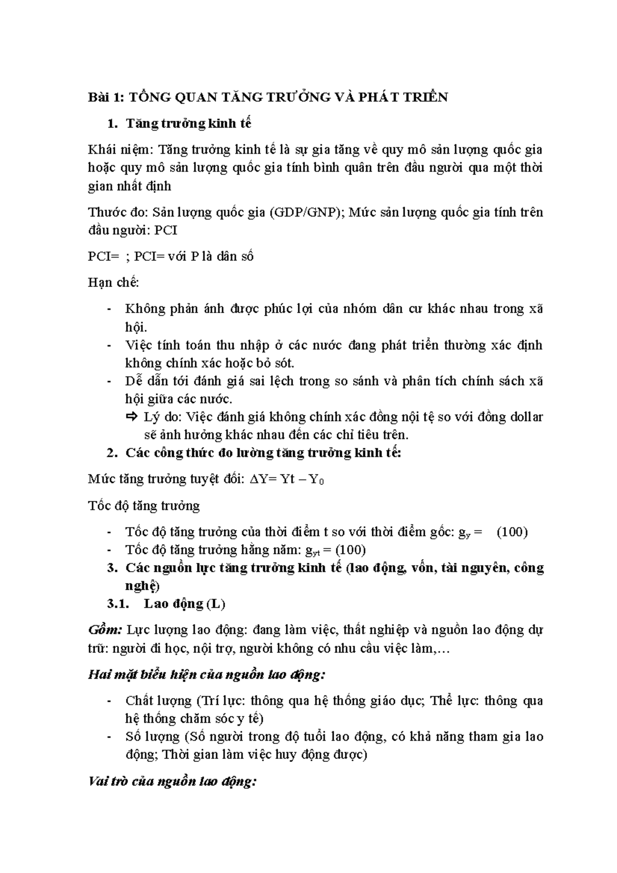 KTPT - Bài 1: Tổng Quan về Tăng Trưởng và Phát Triển Kinh Tế - Studocu
