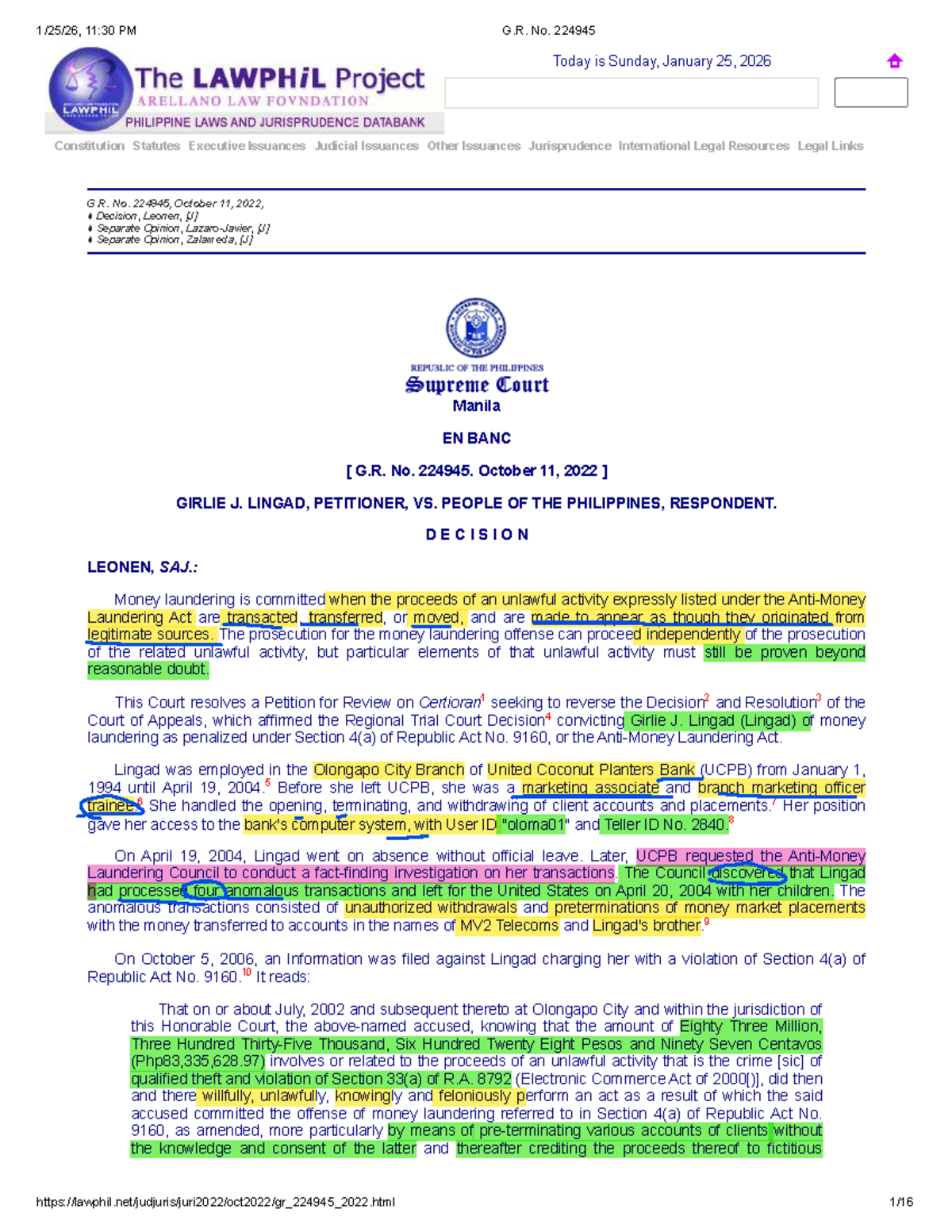 G.R. No. 224945: Money Laundering Case of Girlie J. Lingad - Studocu