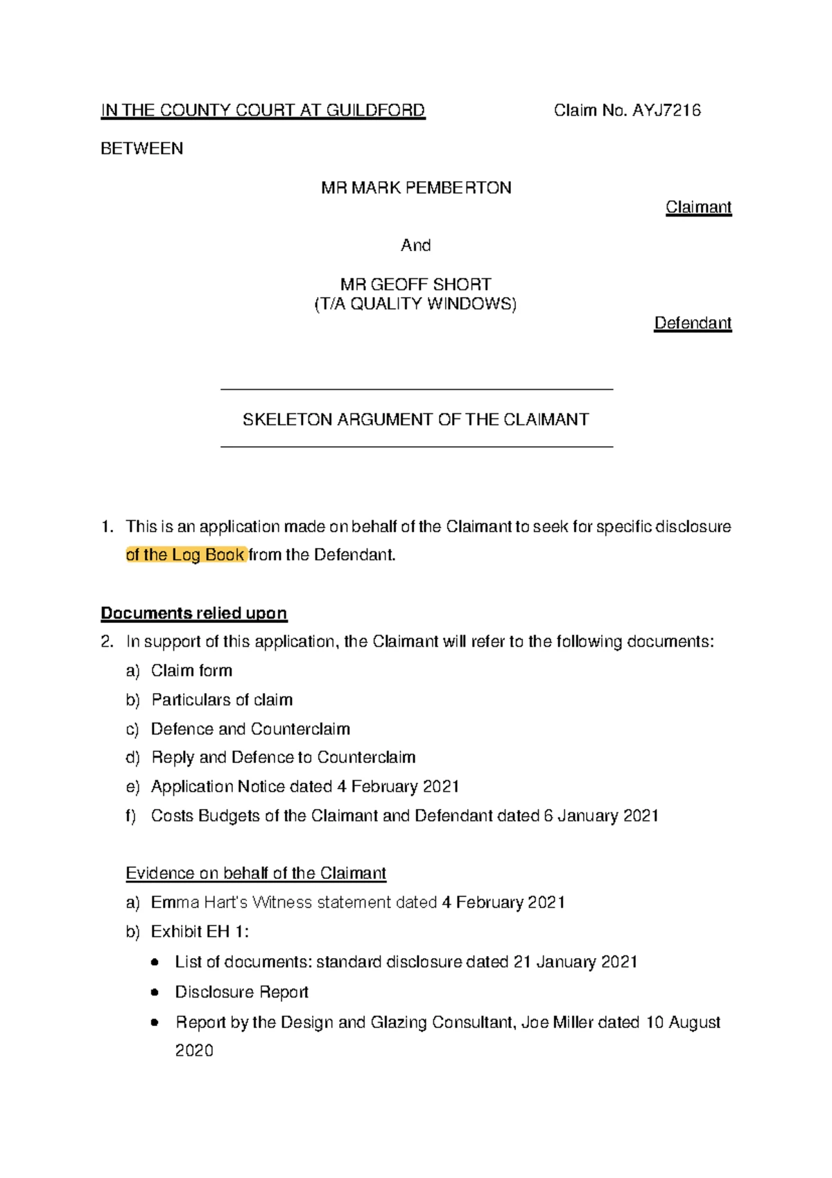 Sample skeleton argument - NAME OF COURT Claim No. BETWEEN: PARTY ...