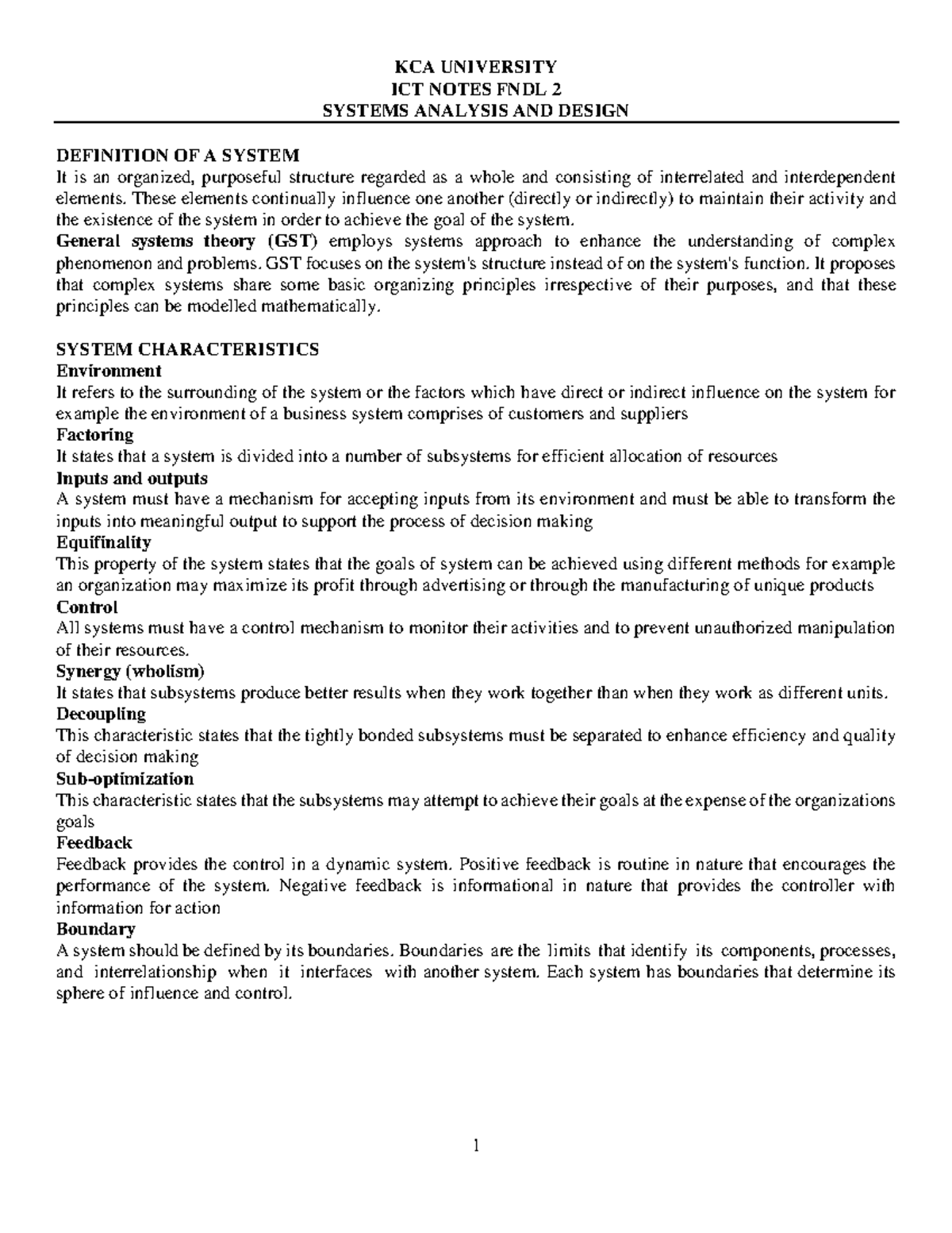 KCA UNIVERSITY ICT NOTES FNDL 2 SYSTEMS ANALYSIS AND DESIGN OVERVIEW ...