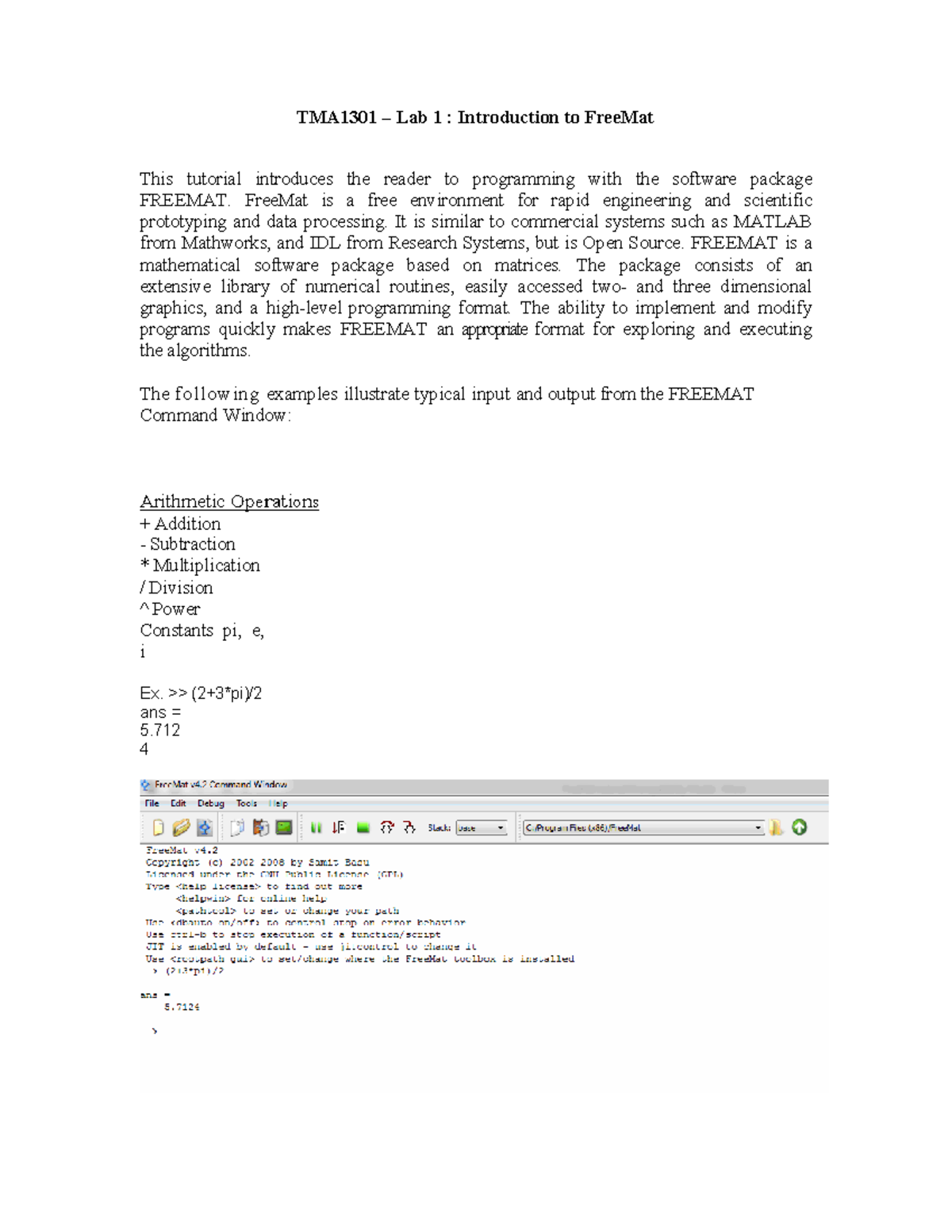 105971 Lab 01 T2 - Lab for freemat - TMA1301 – Lab 1 : Introduction to ...