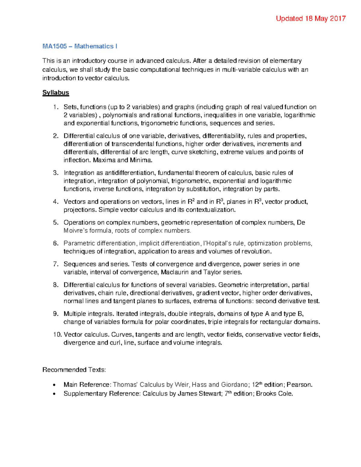 MA1505 Mathematics I Course Syllabus and Topics Overview - Studocu