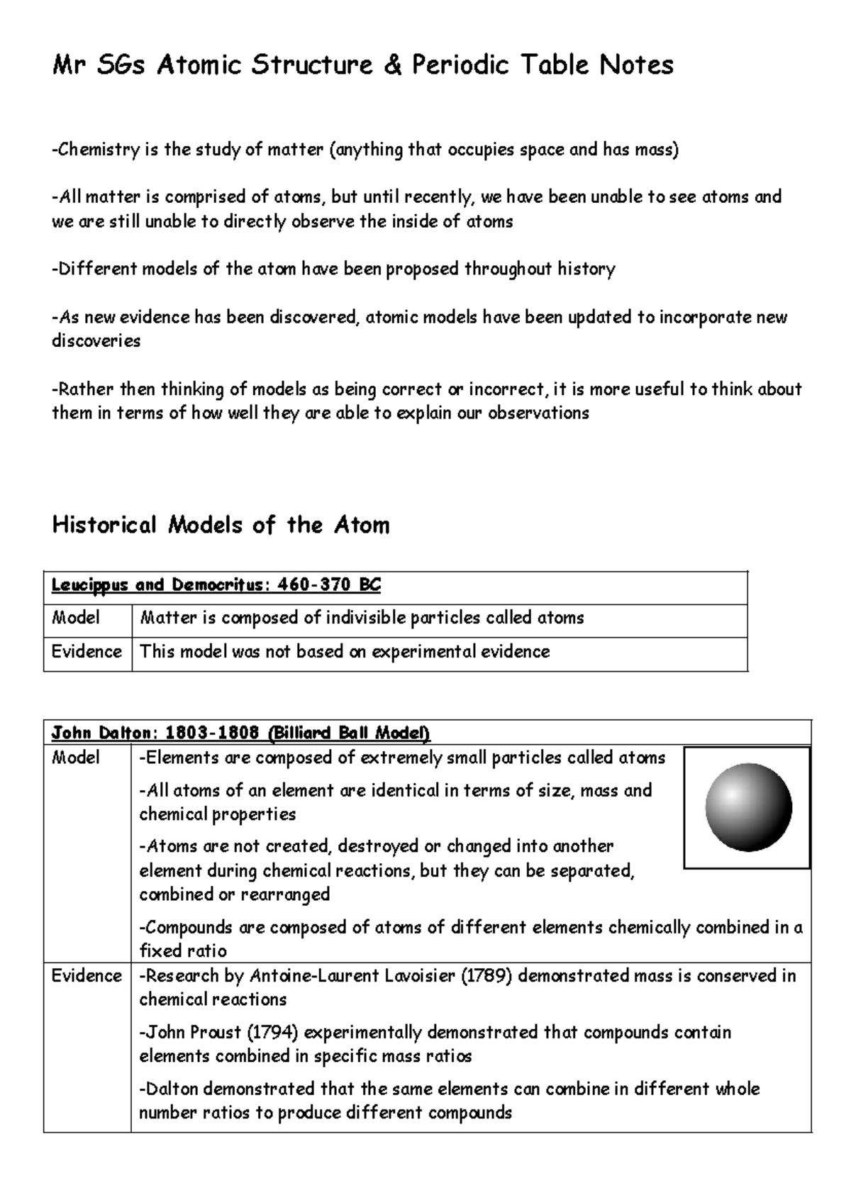 Mr SG's Atomic Structure & Periodic Table Notes: Key Concepts & Models ...