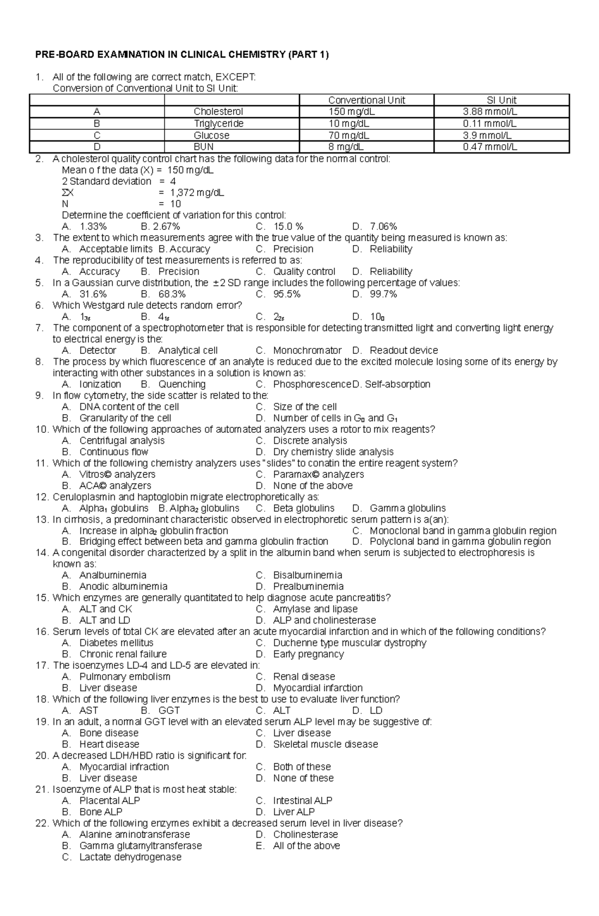 Medical Chemistry - PRE-BOARD EXAMINATION IN CLINICAL CHEMISTRY (PART 1 ...