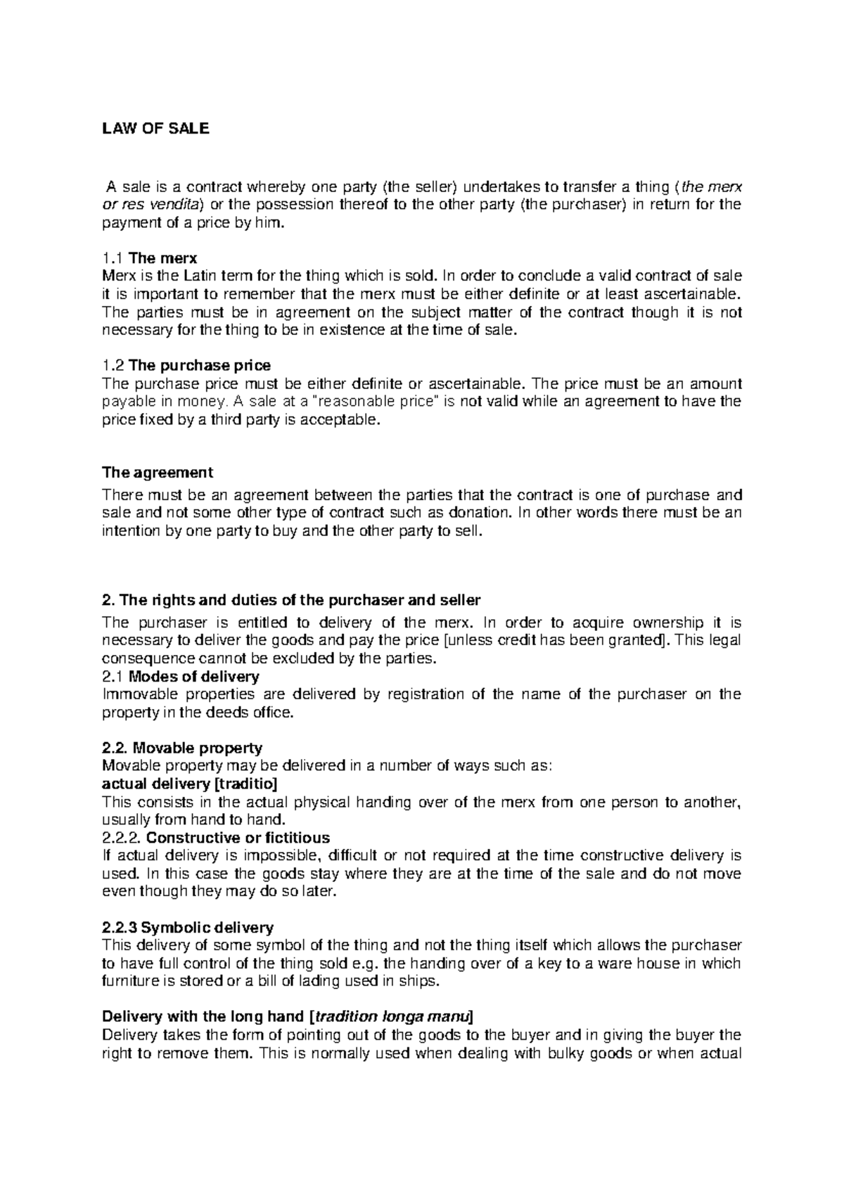 LAW OF SALE 2018 - Lecture notes 6 - LAW OF SALE A sale is a contract ...