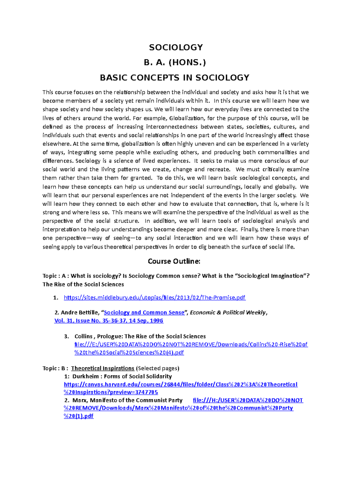 1st semester paper 1 Basic Concepts OF Sociology - SOCIOLOGY B. A. (HONS.) BASIC CONCEPTS IN ...