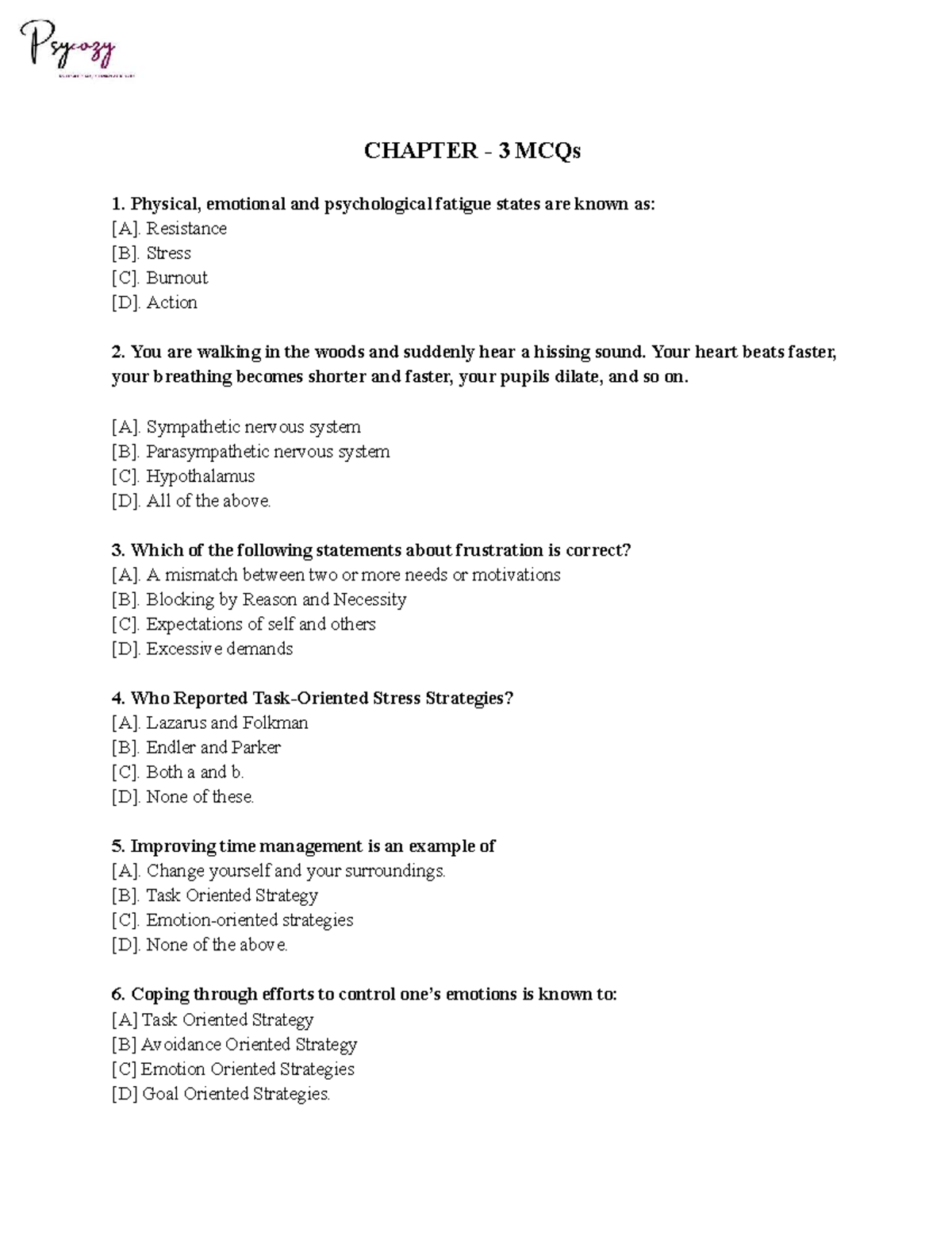 CHAPTER 3 MCQs: Understanding Stress and Coping Mechanisms - Studocu