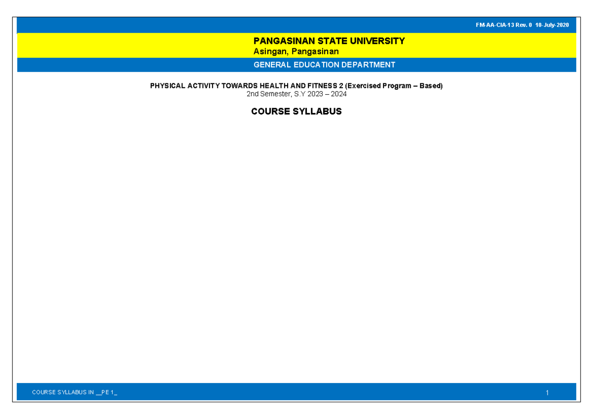 PE 2 Course Syllabus - Physical Education - FM-AA-CIA-13 Rev. 0 10-July ...