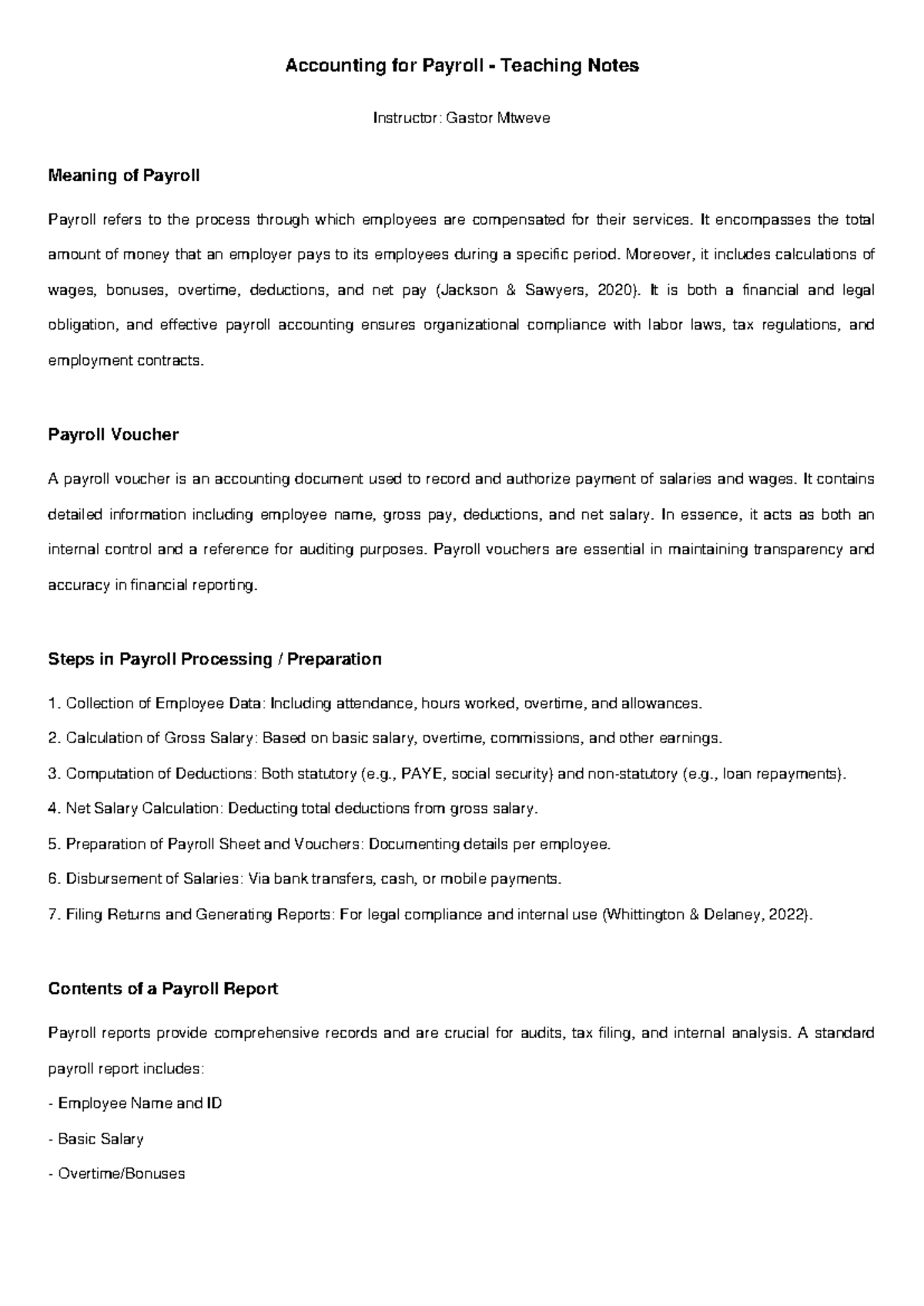 Accounting for Payroll Teaching Notes (Topic 9) by Gastor Mtweve - Studocu